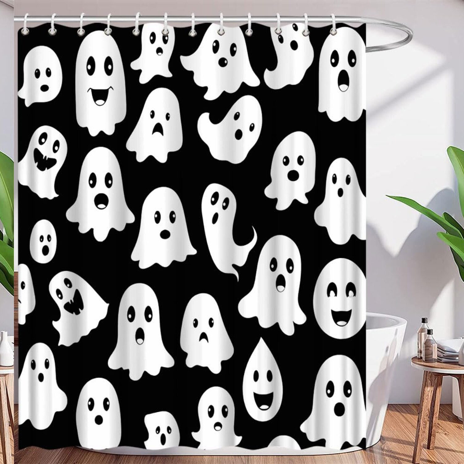 Zoomie Kids Spooky Ghost Shower Curtain - Cute & Funny Cartoon Ghosts ...