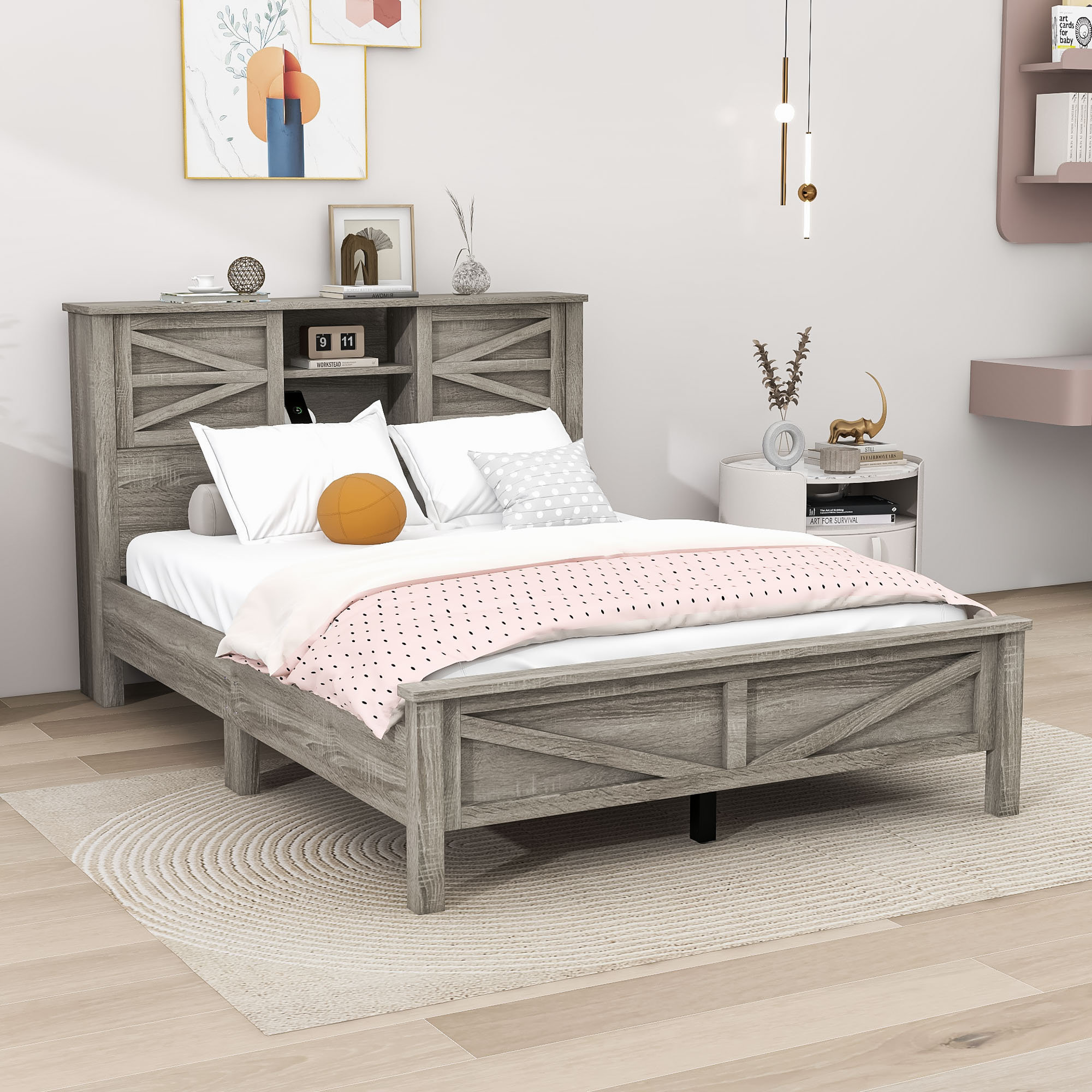 Gracie Oaks Farmhouse Platform Bed with Double Sliding Barn Door and ...
