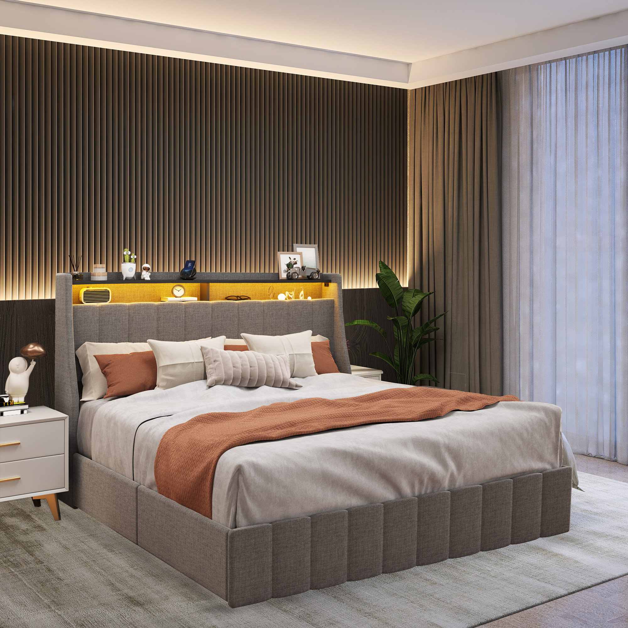 Wrought Studio™ Jaksen Upholstered Bed with LED Lighted Headboard and ...