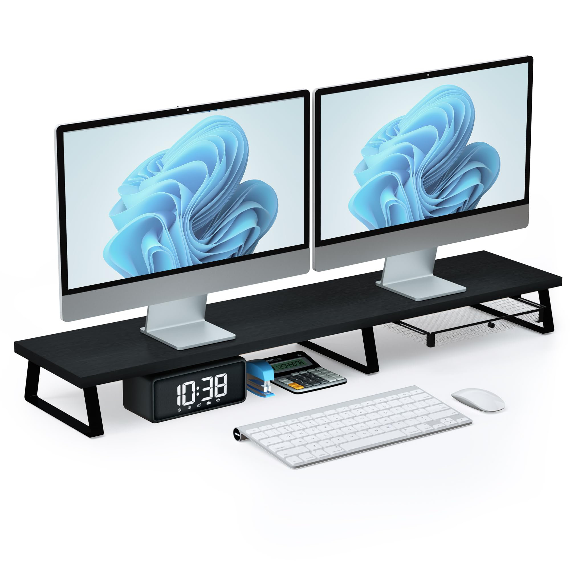17 Stories Wooden Dual Monitor Riser Stand With Metal Drawers, Storage ...