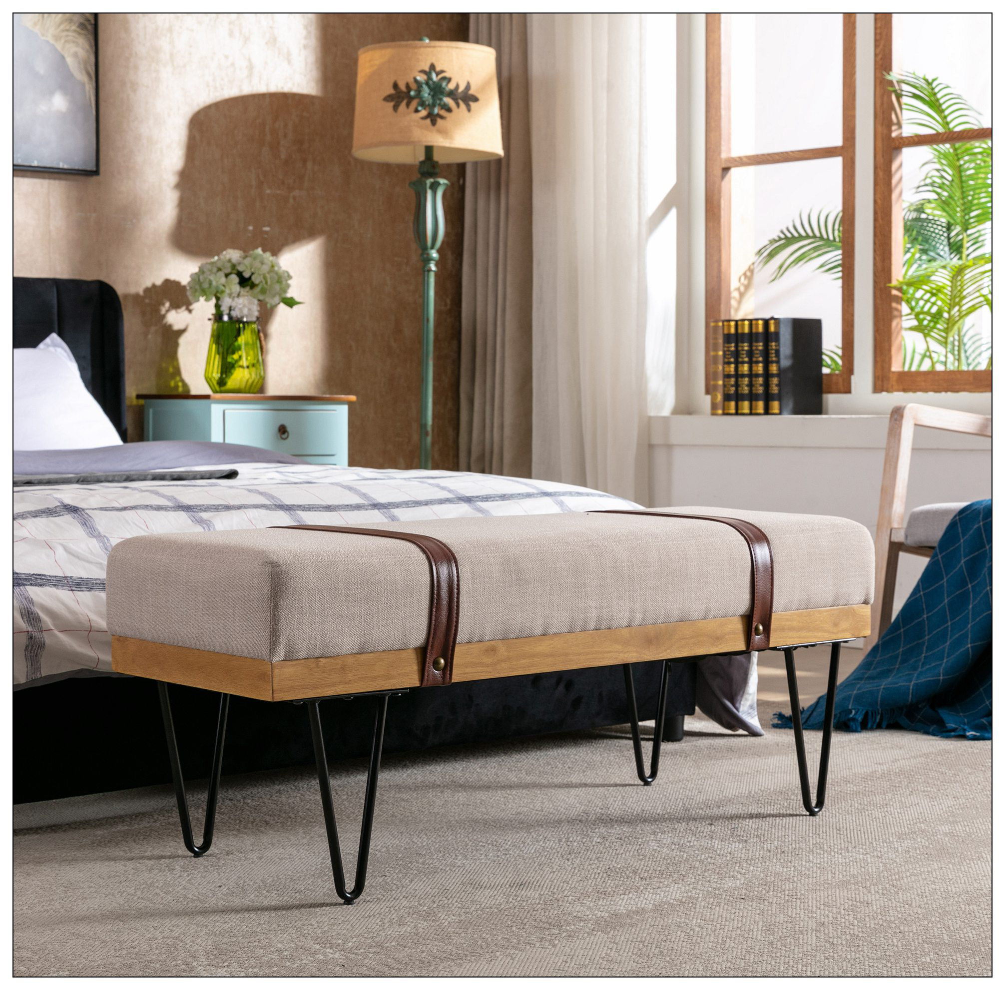 17 Stories Trase Linen Upholstered Bench,solid wood frame Rectangle bed ...