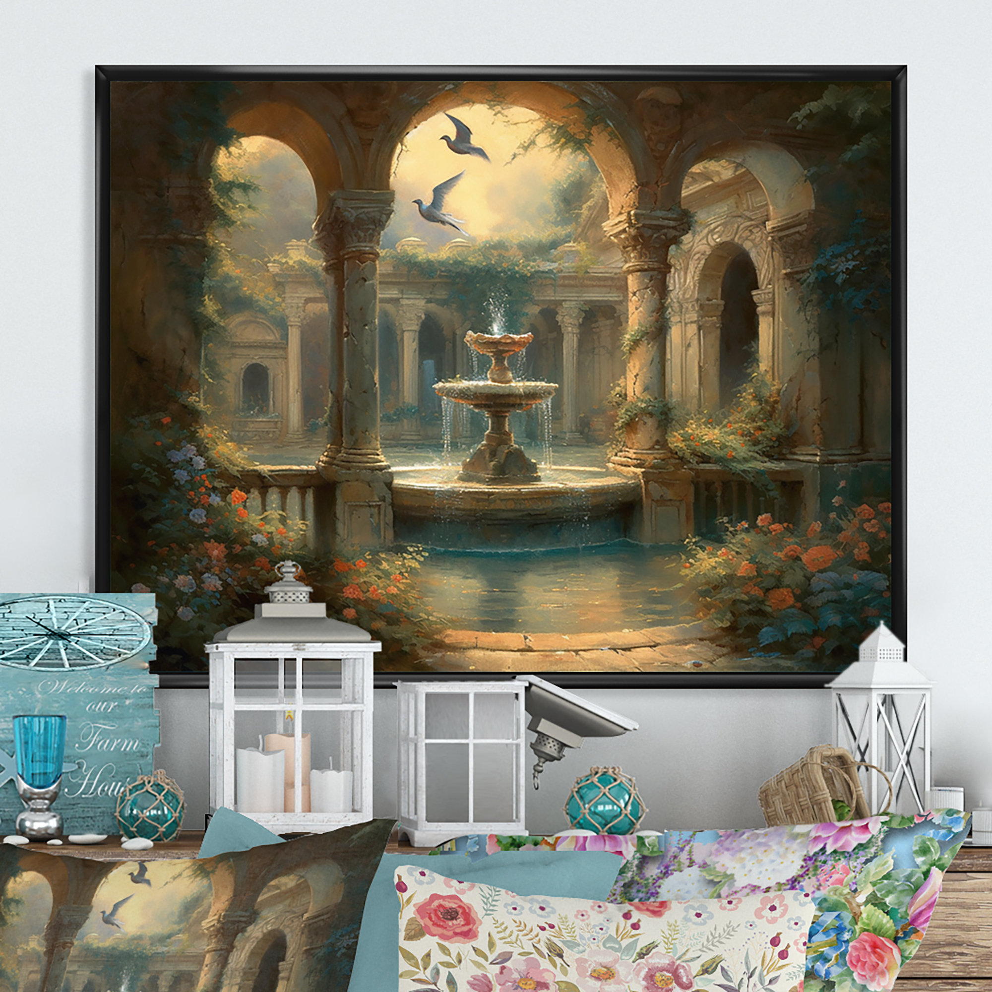 Alcott Hill® Thorgund Floral Fountain And Birds VII On Canvas Print ...