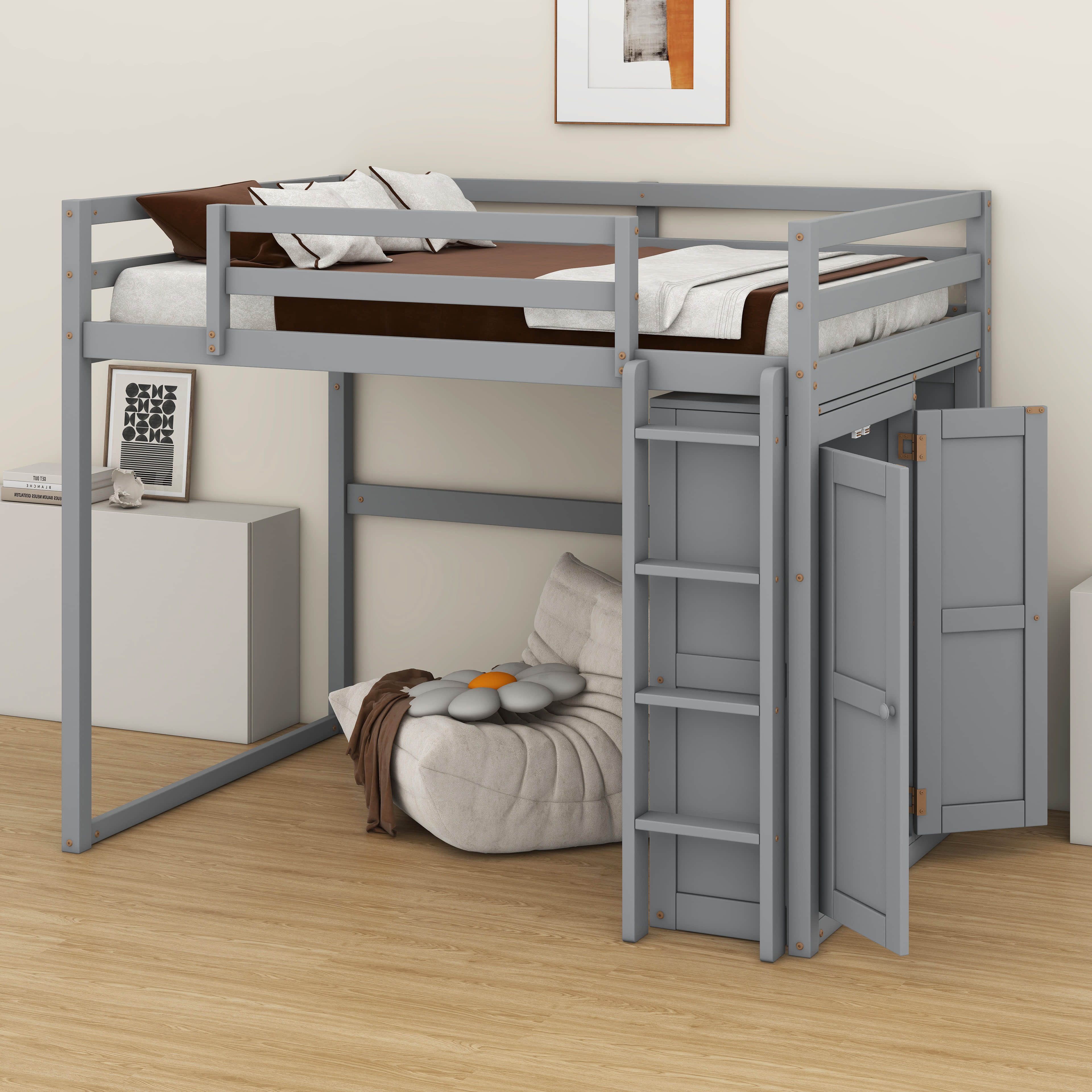 Harriet Bee Full Size Loft Bed With Storage Shelves And Wardrobe, Wood ...