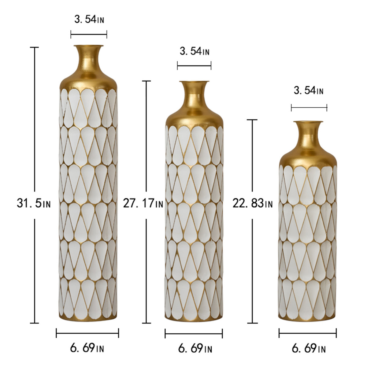 Everly Quinn 3-Piece White Gold Floor Vase, Golden Prism Design, Tall ...