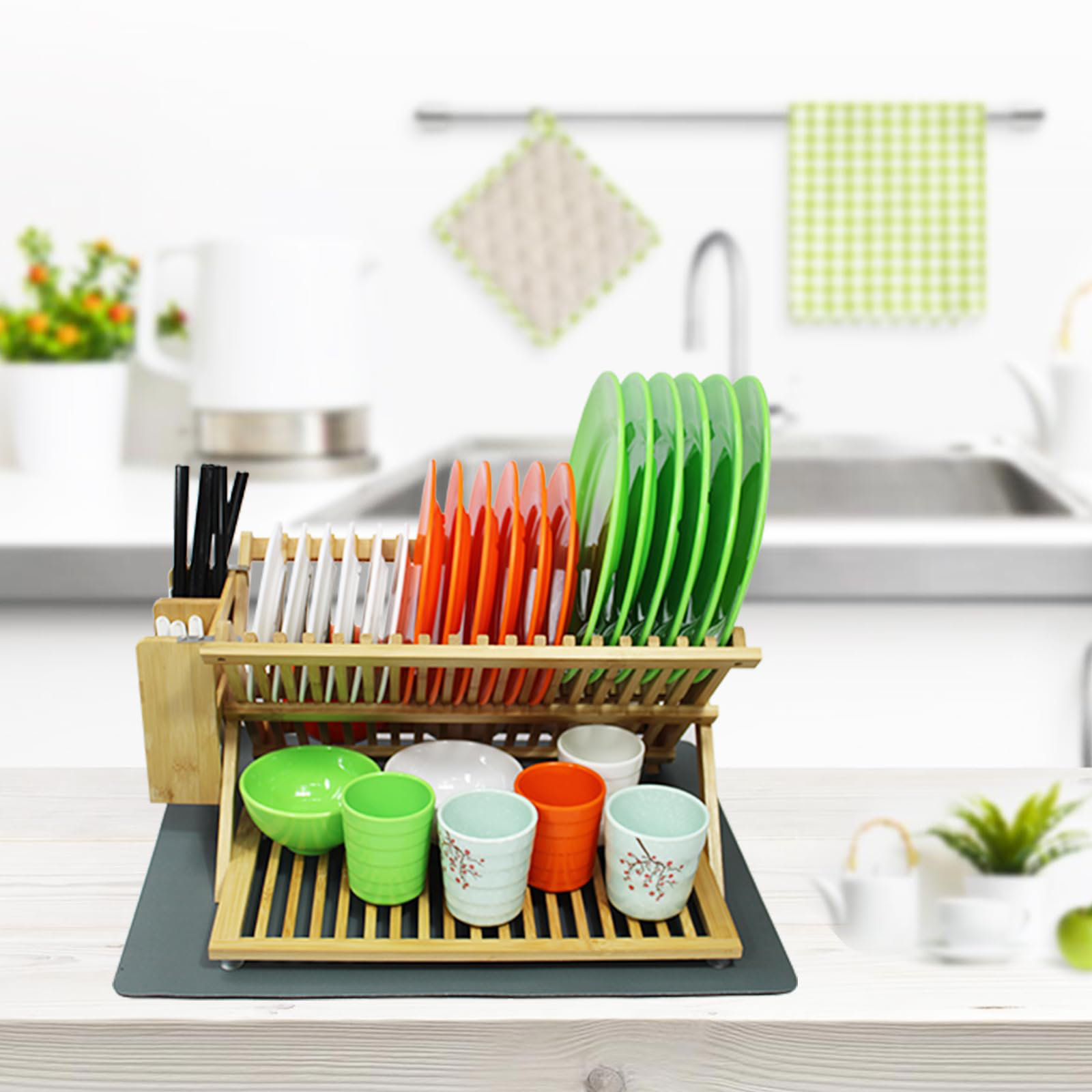 wosuo Three-Tier Foldable Bamboo Dish Rack With Cutlery Rack And Drain ...
