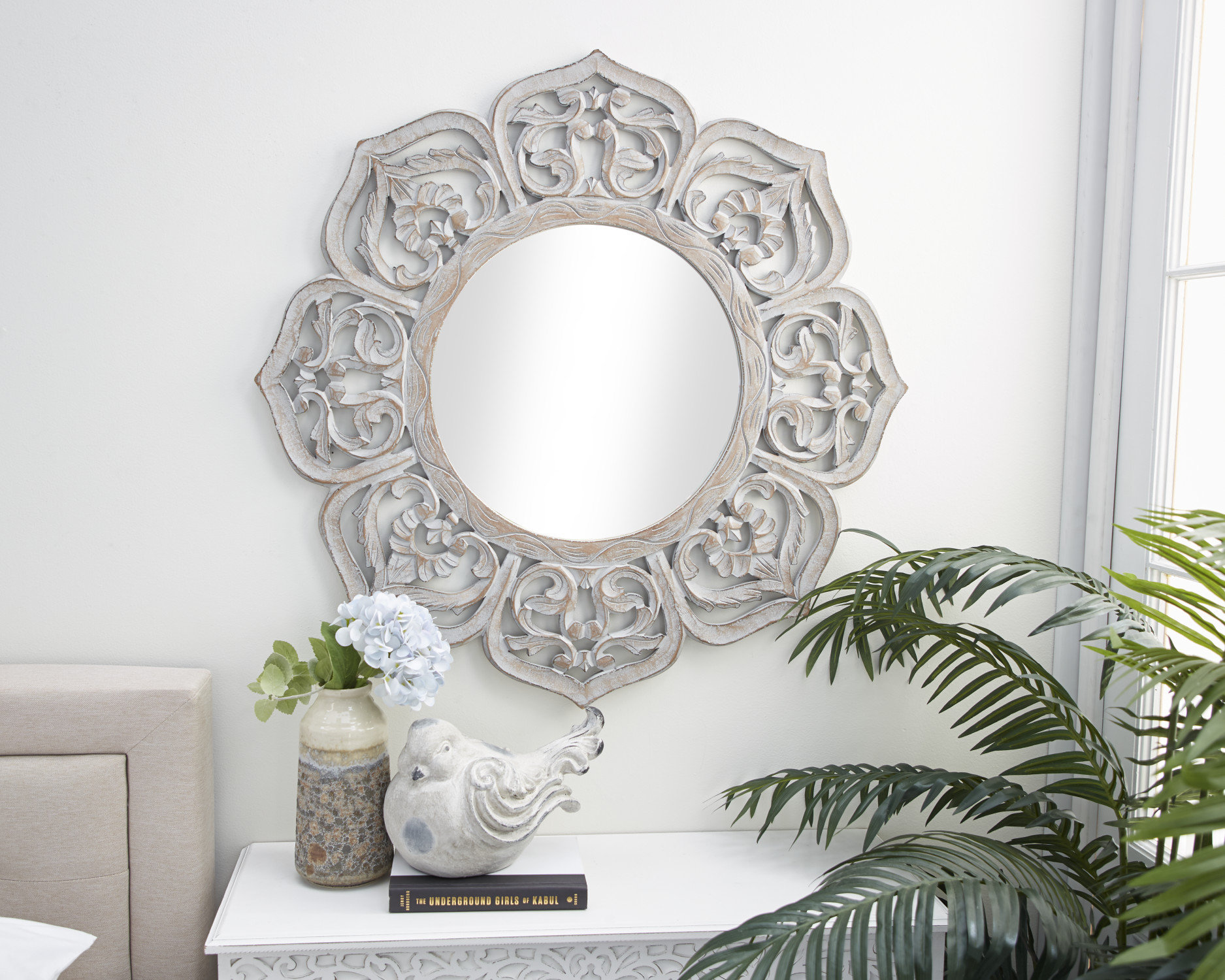Bungalow Rose Wood Carved Floral Wall Mirror with Cutout Design 32" x 1 ...