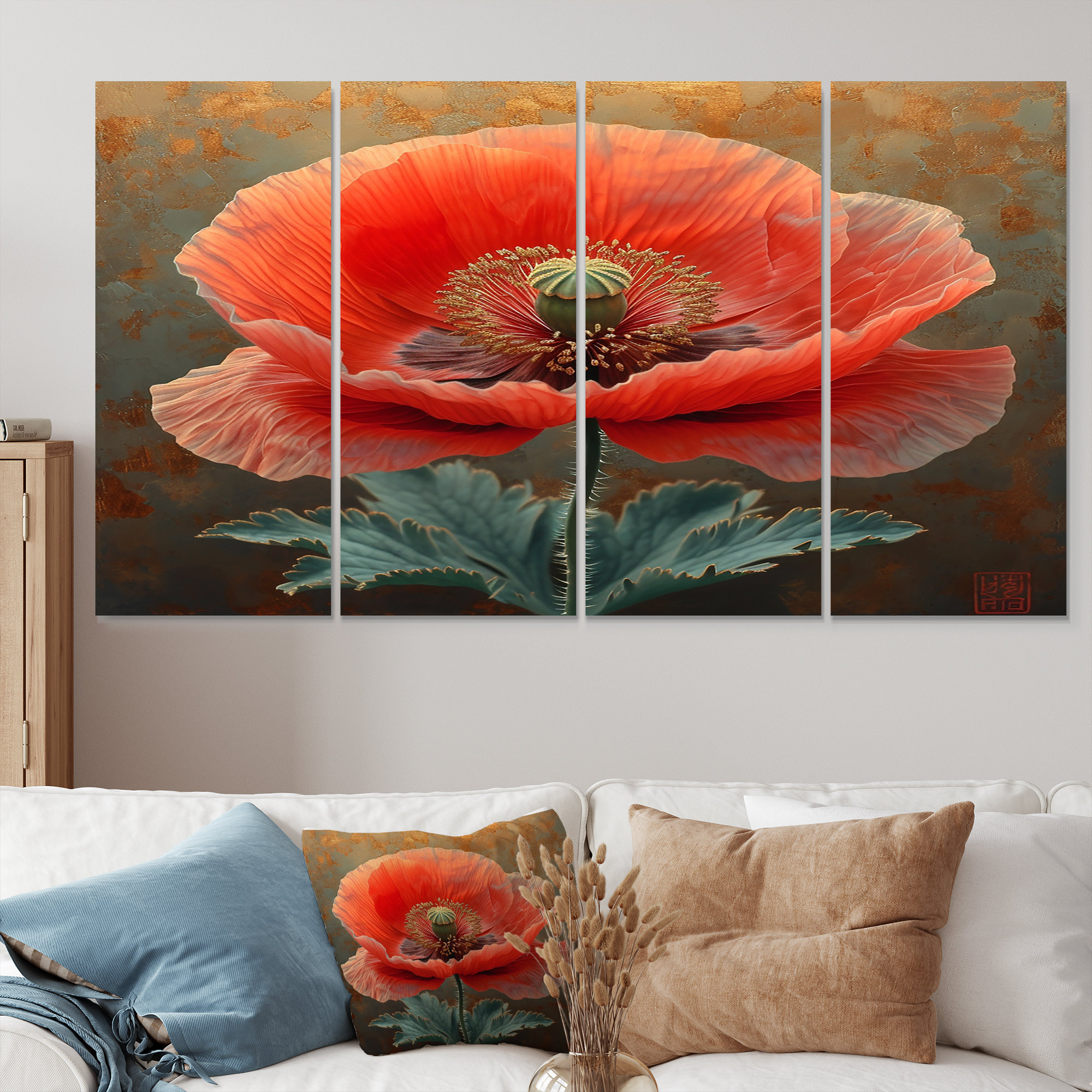 Ebern Designs Red Poppy Detailed Vintage - Poppy Wall Art Decor Set 4 ...