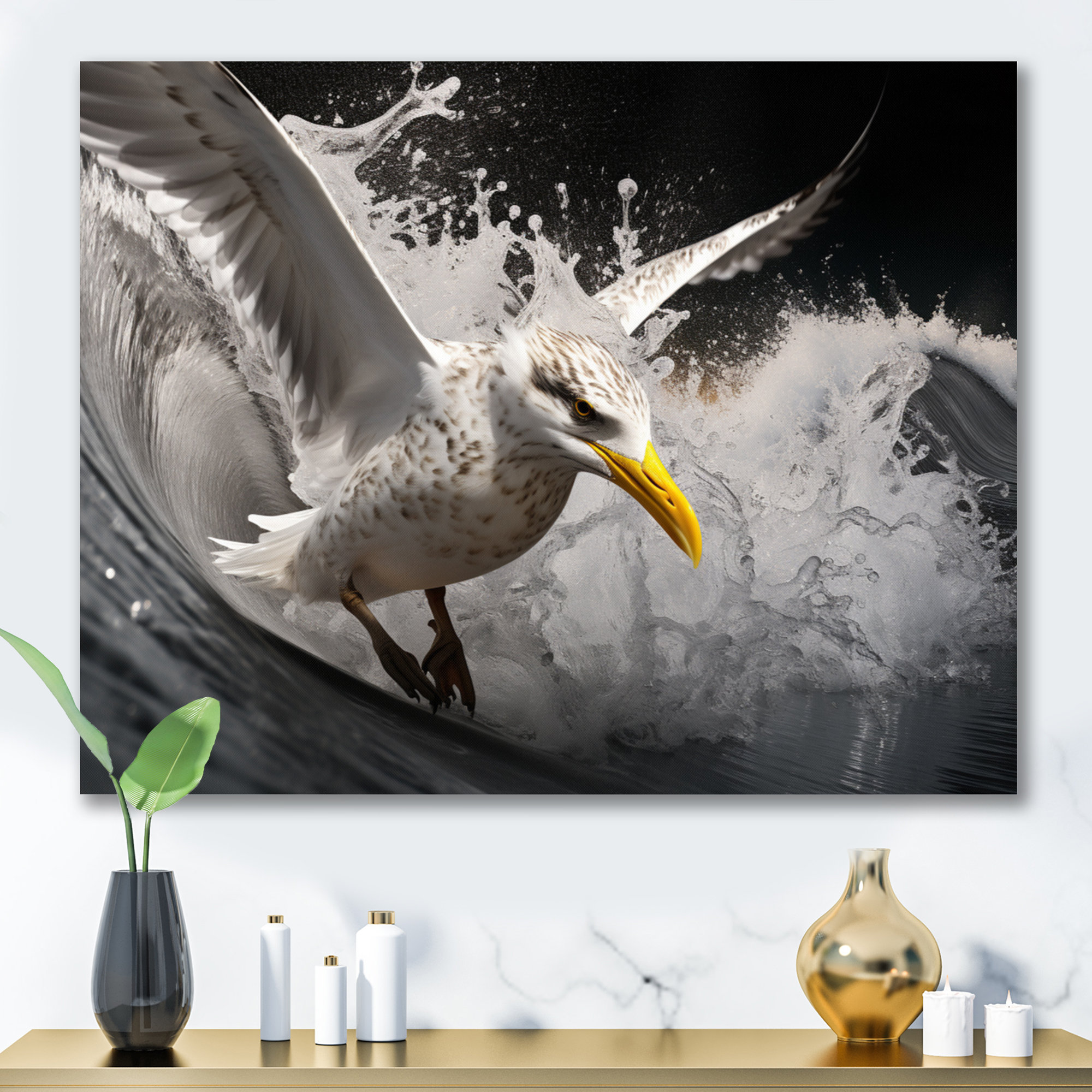 Latitude Run® Grey Yellow Seagul Surfing On Waves On Canvas Print | Wayfair