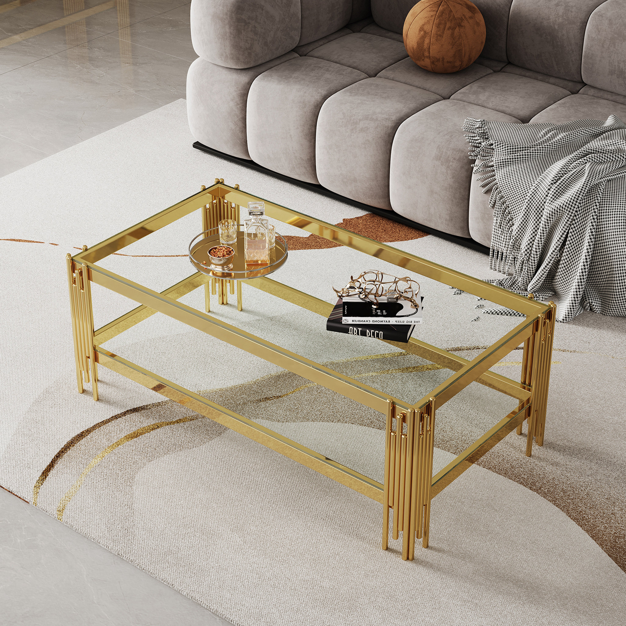 Ivy Bronx Top And Bottom Double Layer Tempered Glass Coffee Table And ...