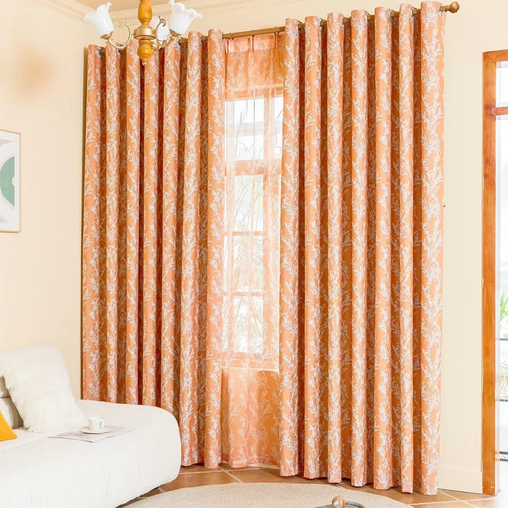 Winston Porter Orange Plant Print Blackout Window Curtain | Wayfair