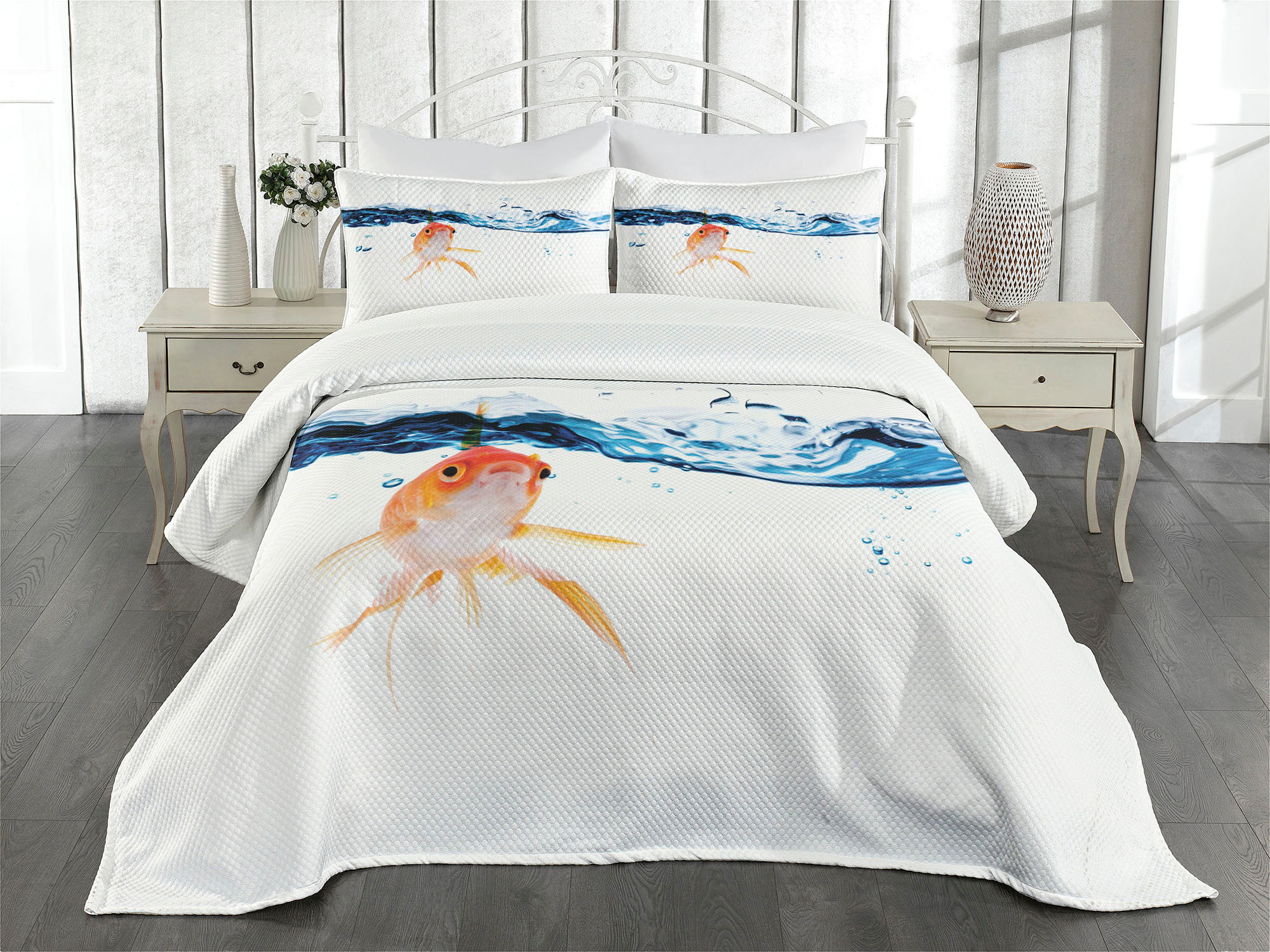 Ambesonne Fish Bedspread Set Goldfish Swimming in Water Blue Orange ...