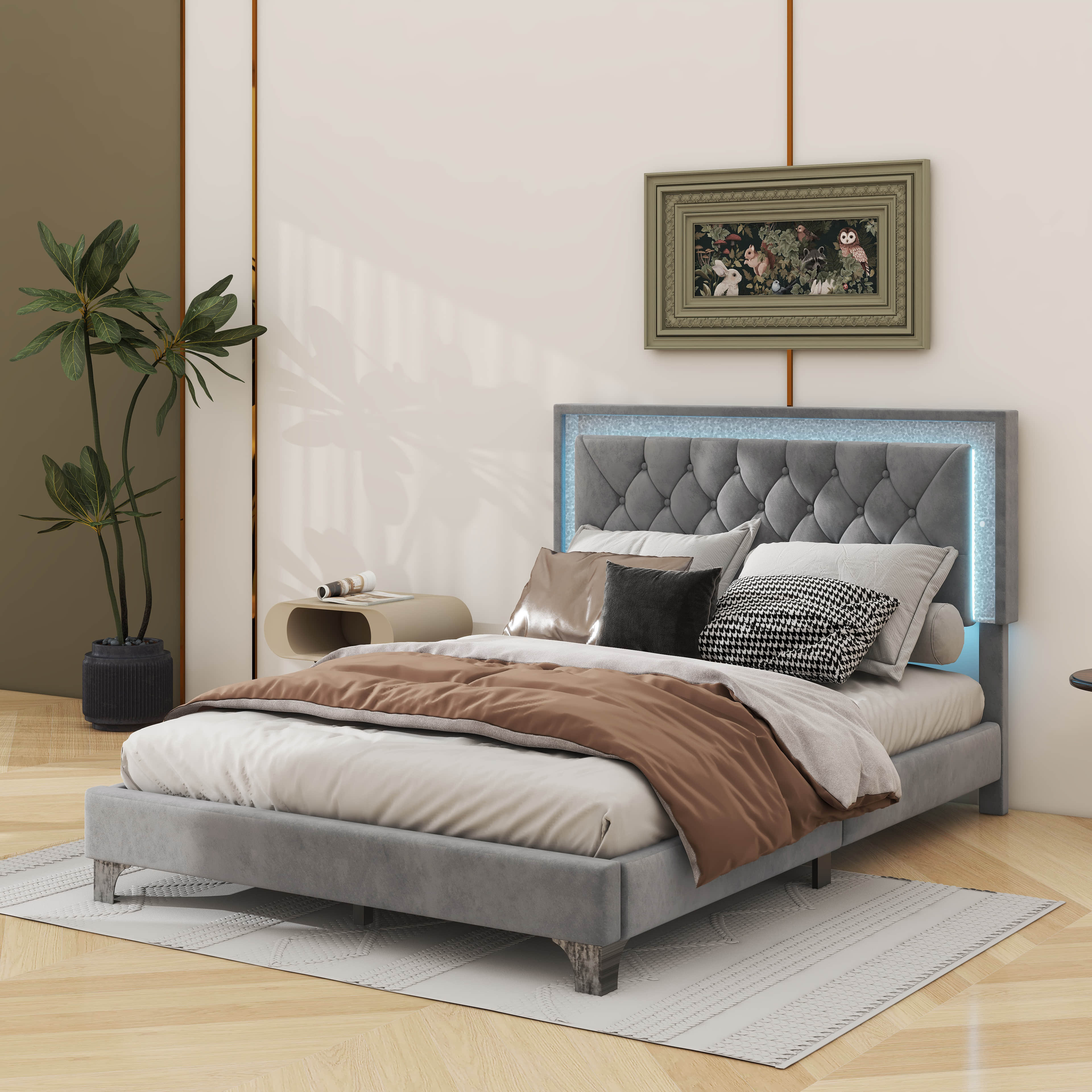 Wrought Studio Velvet Upholstered Platform Bed With Stylish LED ...