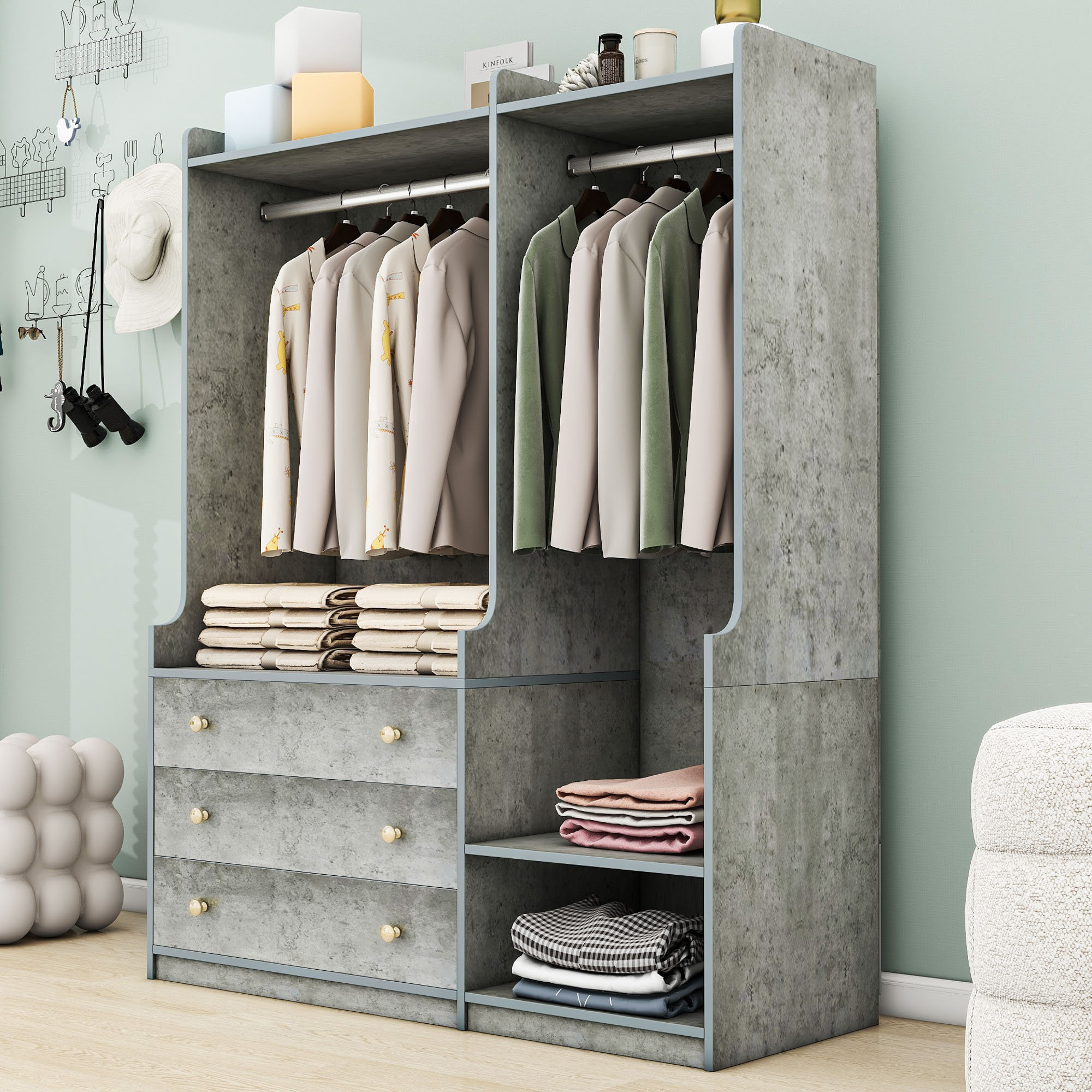 Millwood Pines Emry Modern 3 Drawers Open Wardrobe with Dual Hanging ...