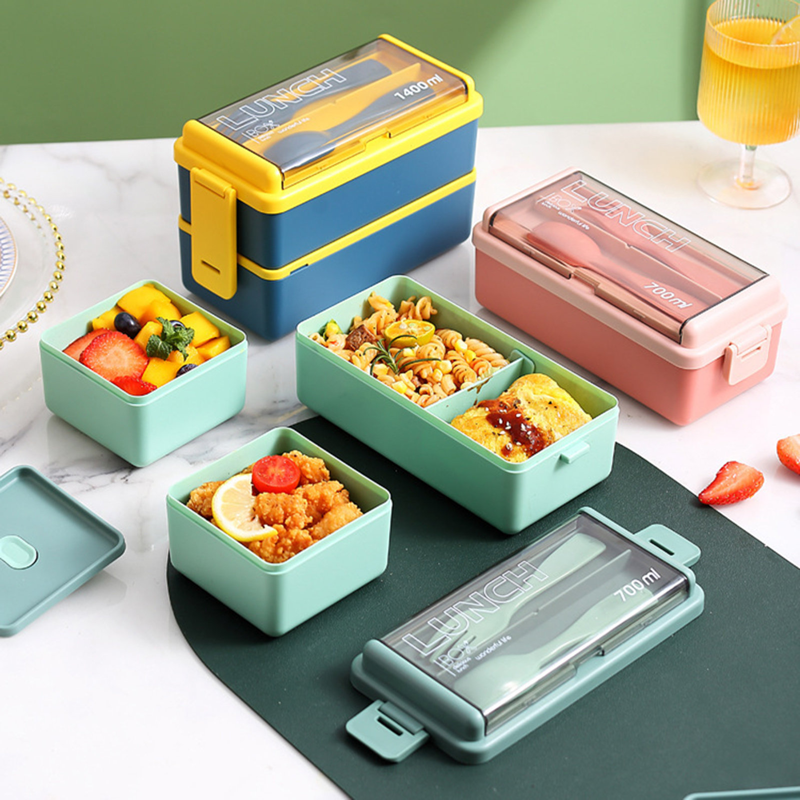 ELEOPTION 1400ML Double Plastic Lunch Box Three compartments Sealed ...