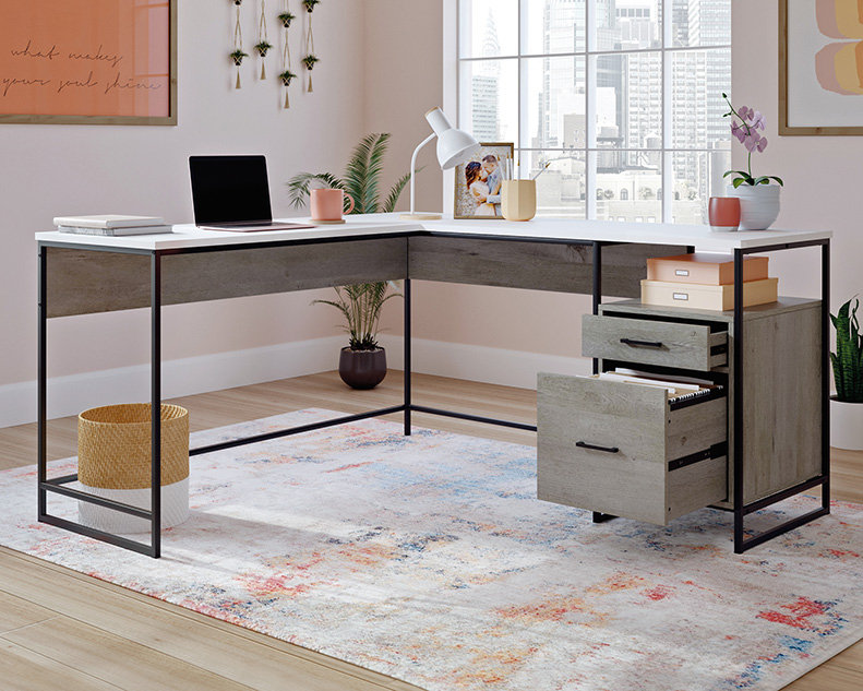 Inbox Zero L-Shaped Computer Desk in Mystic Oak - Wayfair Canada