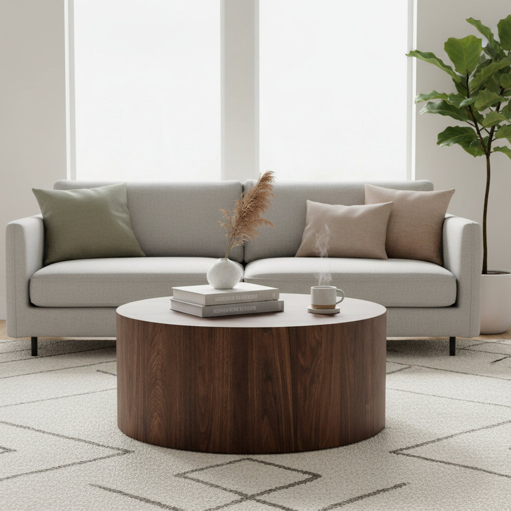 Ivy Bronx 27.5" Industrial Style Round Coffee Table, Deep Walnut ...