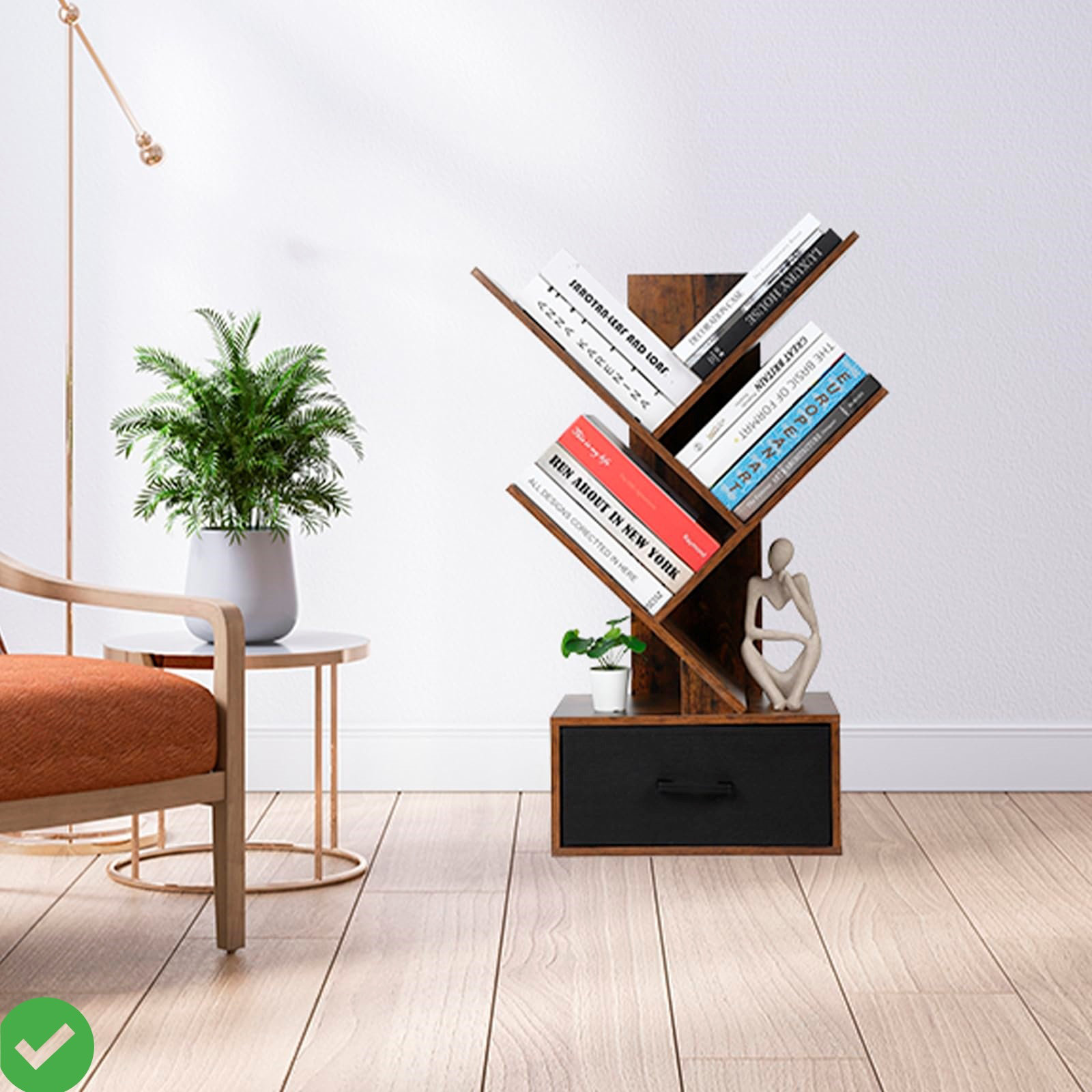 Ebern Designs Tree Bookcase with Drawer - 4-Tier Solid Wood Display ...