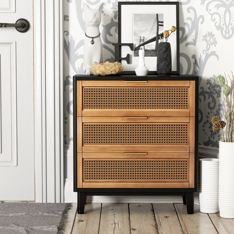 Bay Isle Home Aril 3-Drawer Woven Cane Front Accent Chest, Mid Century ...