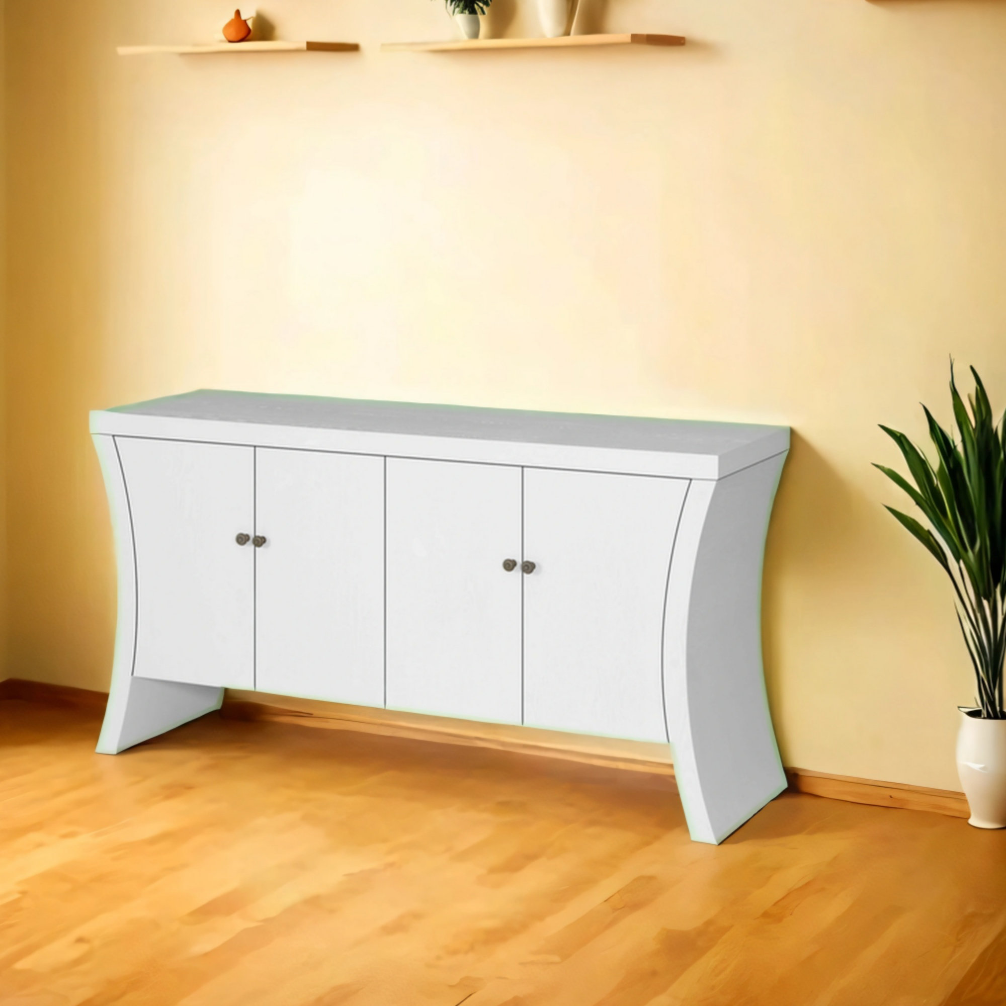 Red Barrel Studio Four-door Black Storage Cabinet With Curved Wood Legs ...