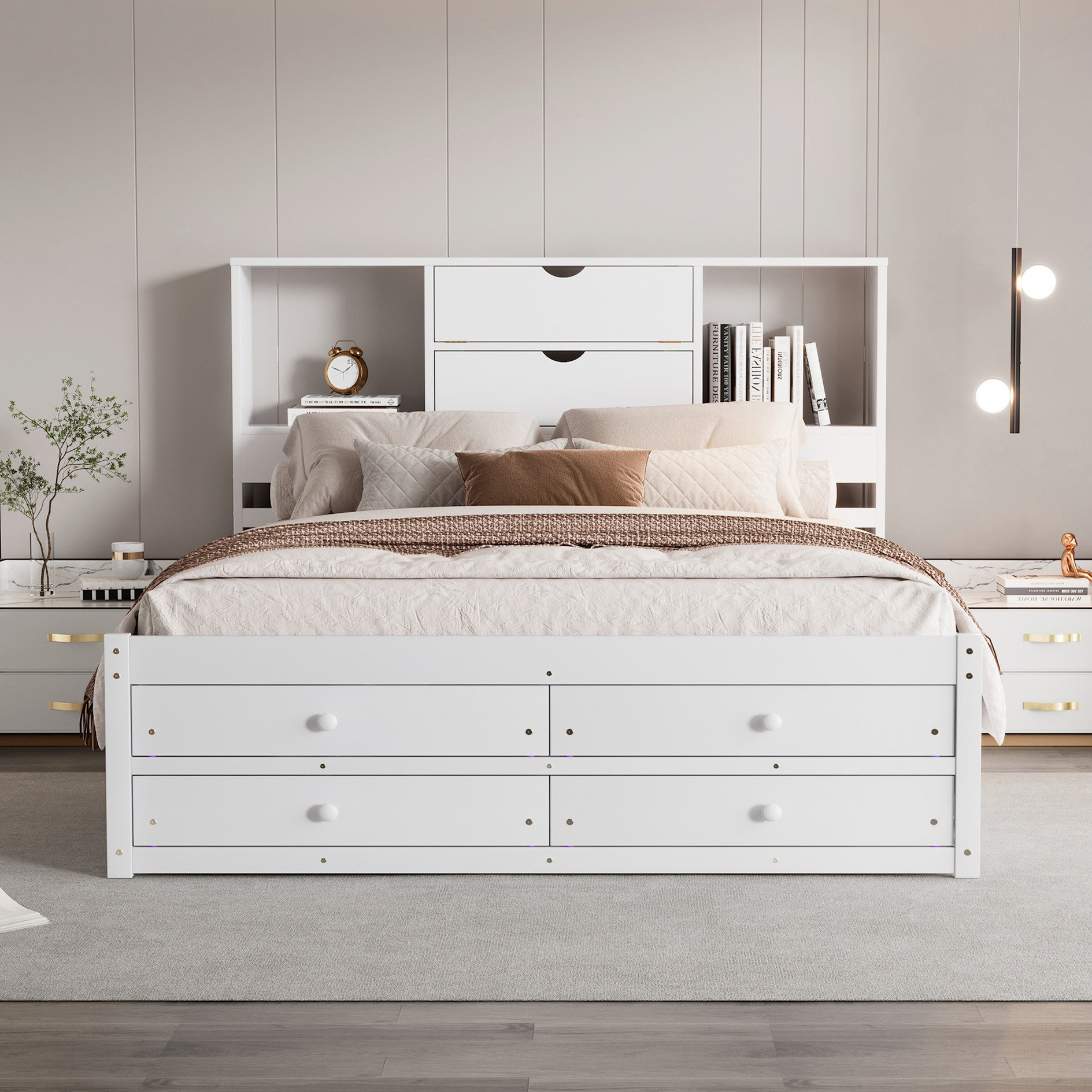 Lark Manor™ White Queen Platform Bed With 8 Storage - Solid Wood ...