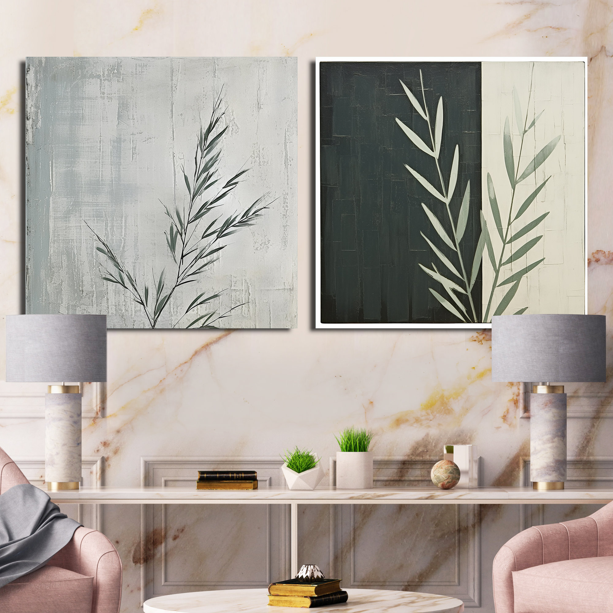 Winston Porter Grey Leaves Pewter Pine - Leaves Square Collage Set Of 2 | Wayfair