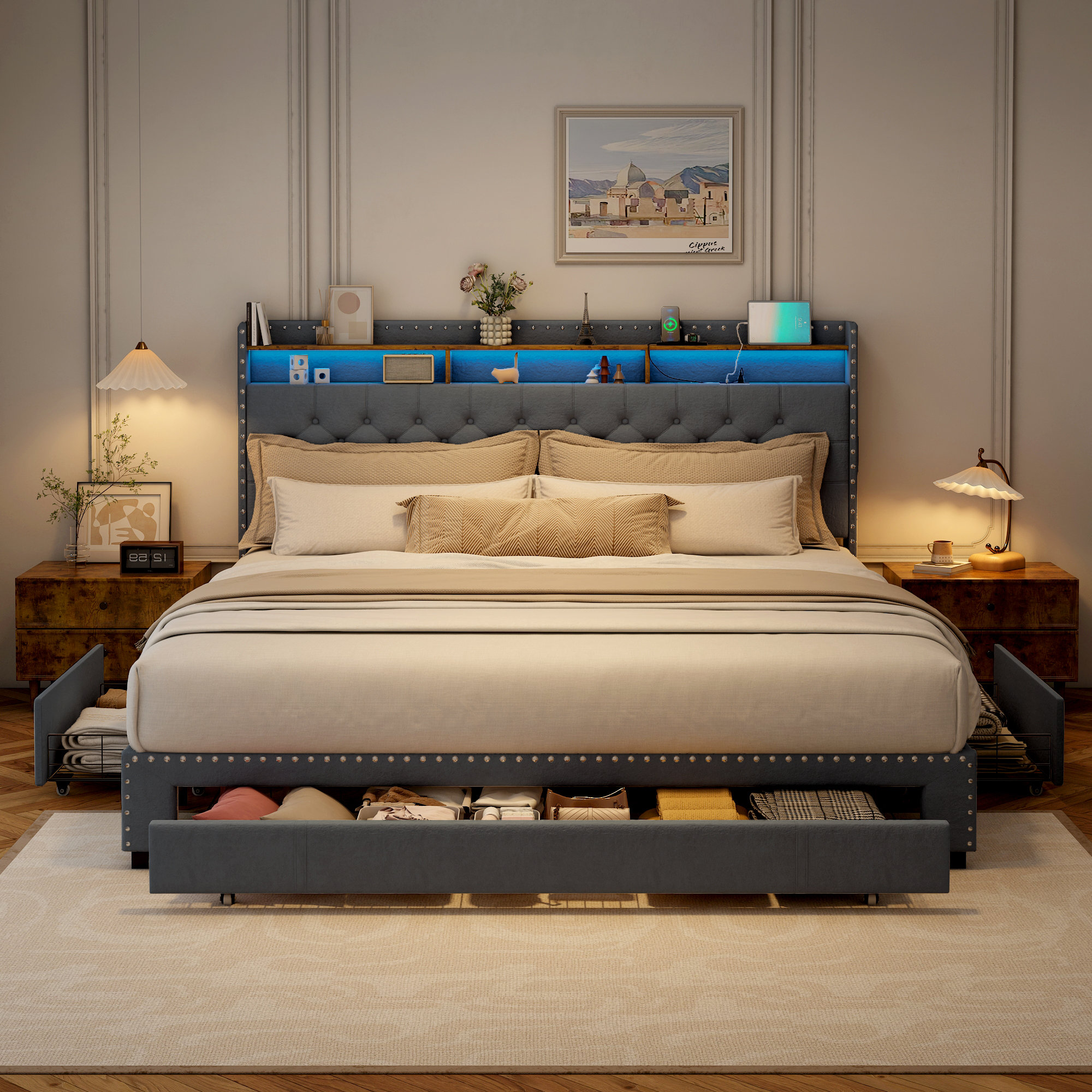 Latitude Run® Bed Frame With 3 Drawers, 2-tier Storage Headbord, Led ...