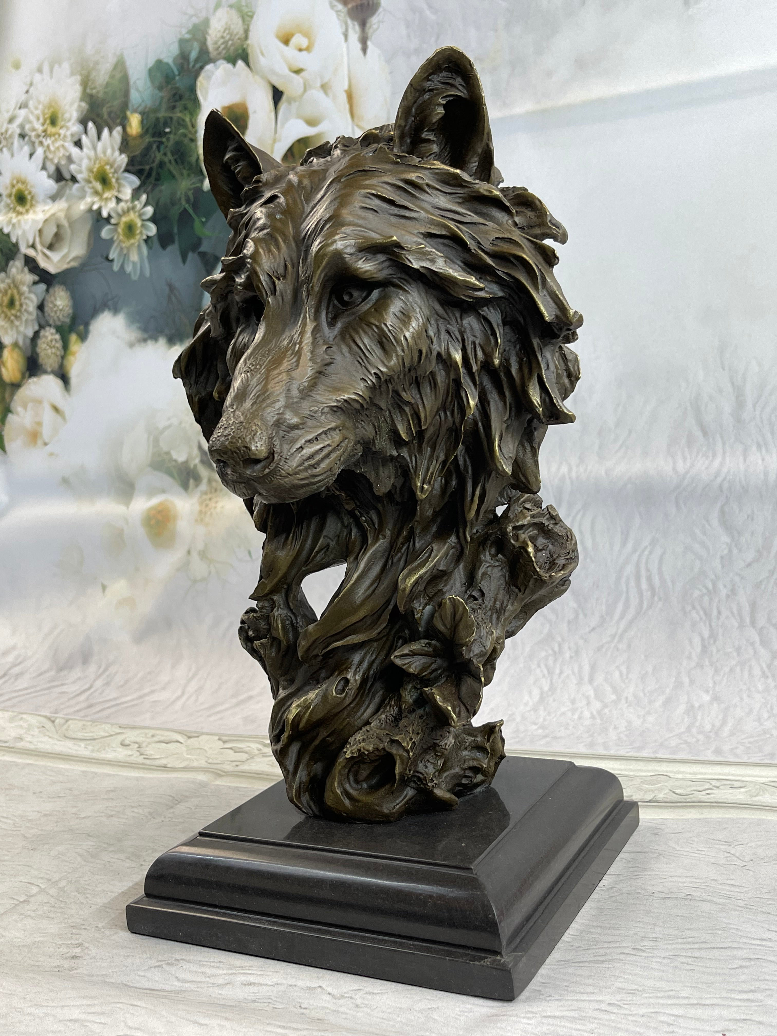 Loon Peak Art Deco Marble Bronze Sculpture Statue Wolf Head Bust Wild ...