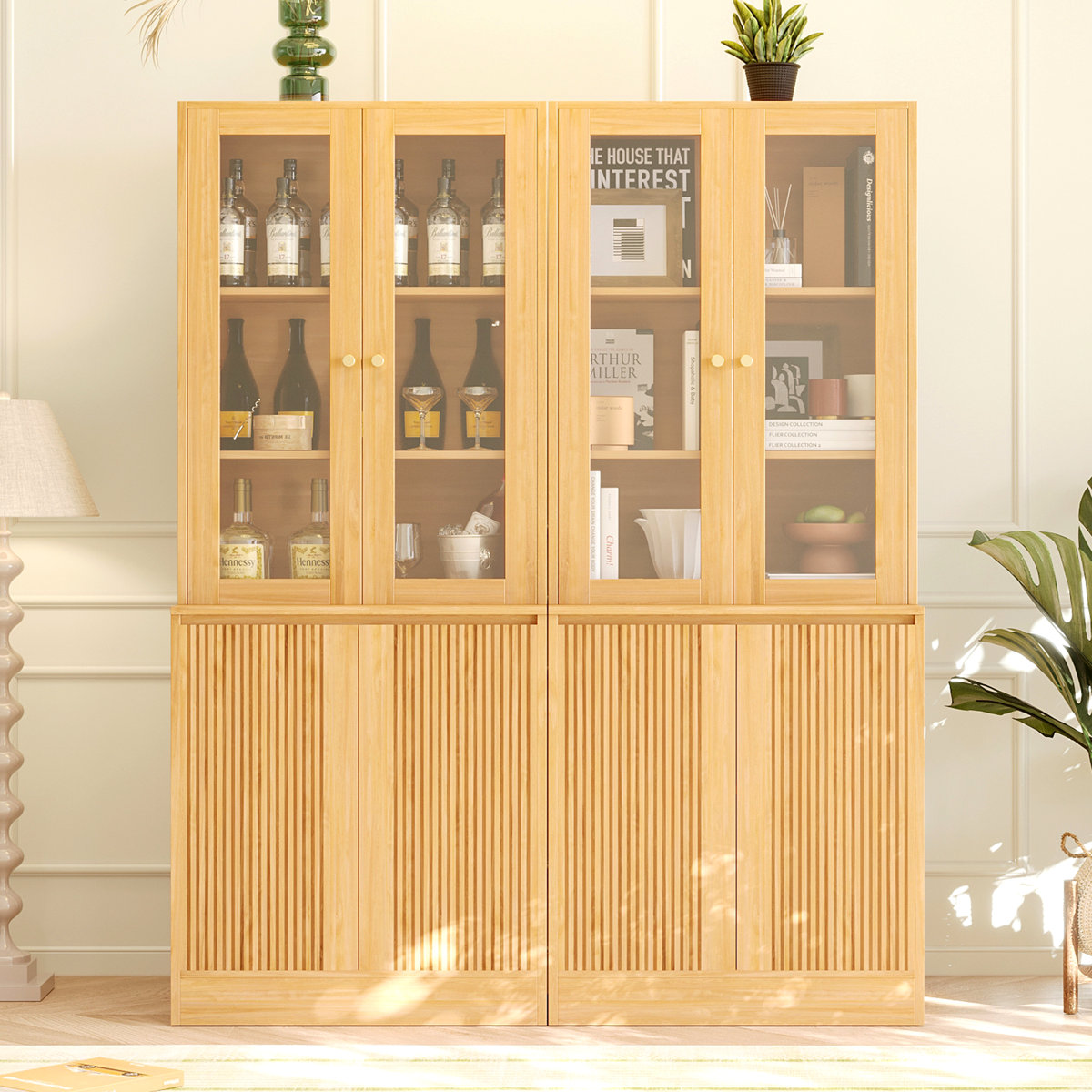 Ebern Designs 71” Wood Book Cabinet Storage Bookcase With 2 Tempered ...