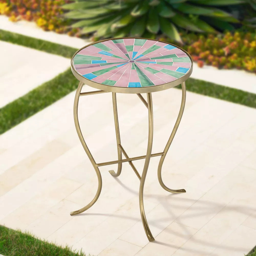 Lark Manor Modern Gold Round Outdoor Decorative Side Table 14 1/4 Inch ...
