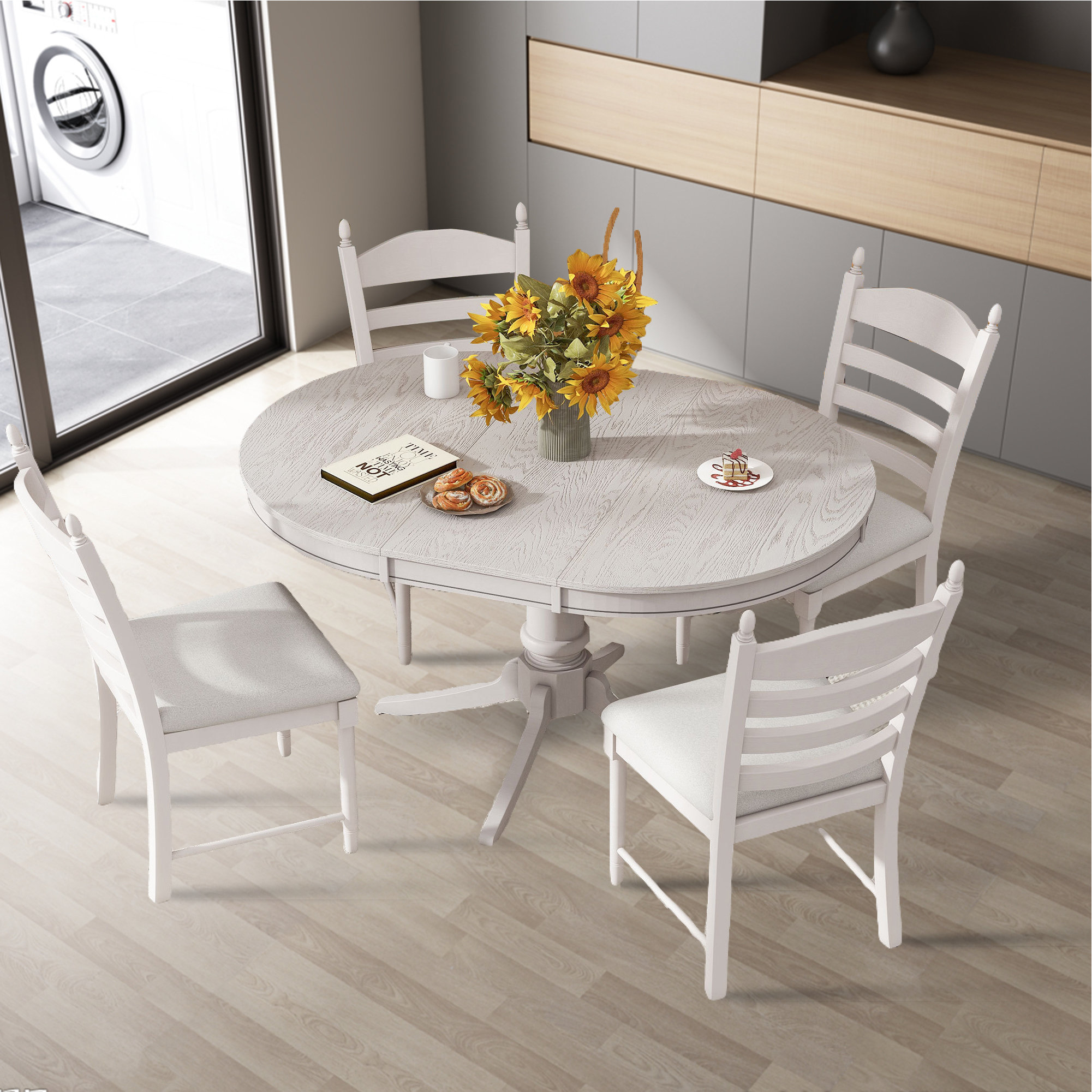 Alcott Hill Wood Round Extendable Dining Table Set, 5-Piece Retro ...
