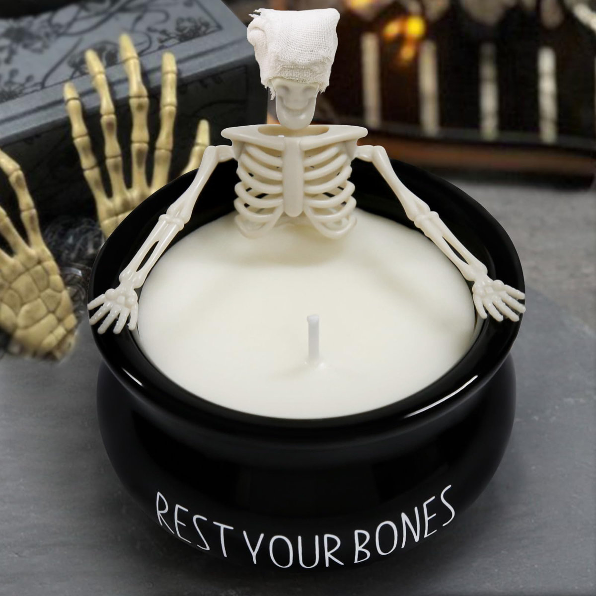 The Holiday Aisle® Skeleton Candle, Halloween Decor - Long Burning Soy ...