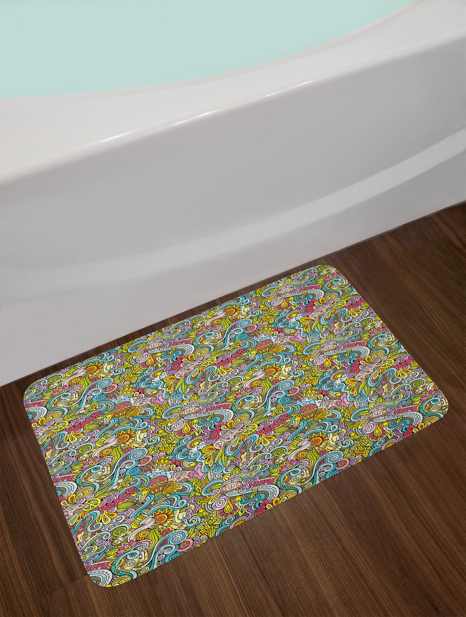 East Urban Home Colorful Plush Bath Mat, Hippie Style Jumble Doodle, 30 ...