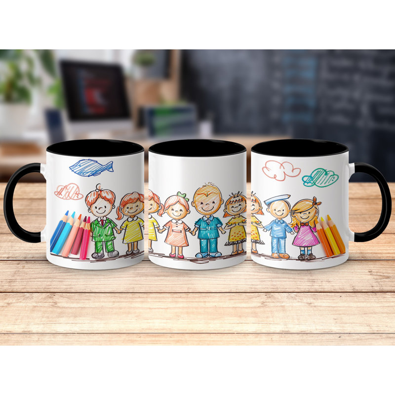 East Urban Home Set of 3 Kids Drawing Style 11oz Accent Mugs – White ...