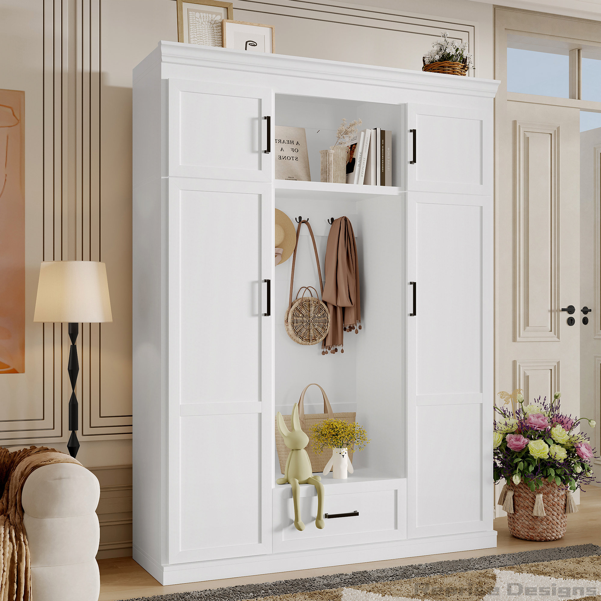 Reprise Designs 85.2' 'h hall tree with bench and 3 hooks and 4 doors ...