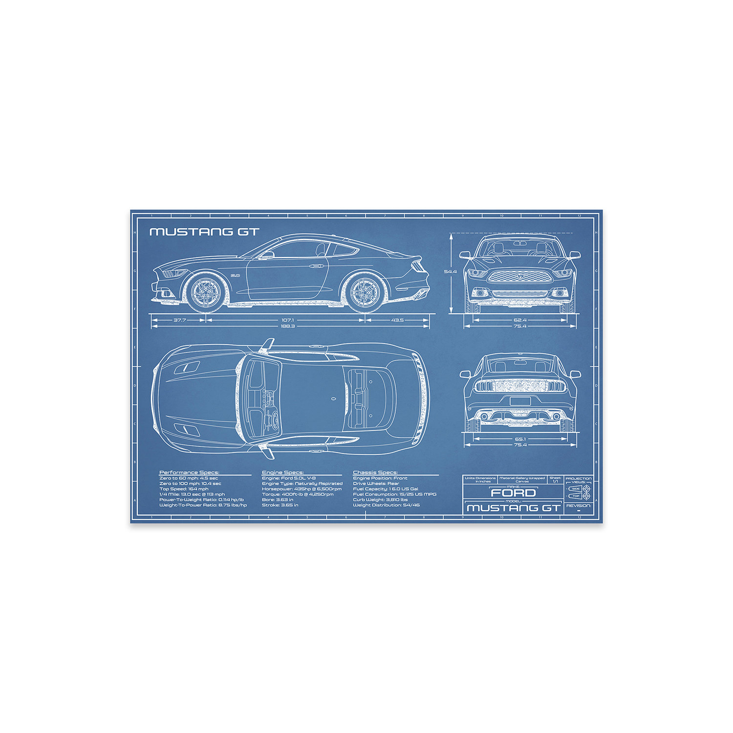 Williston Forge Mustang GT (2015-2017) Blueprint Print On Acrylic Glass ...