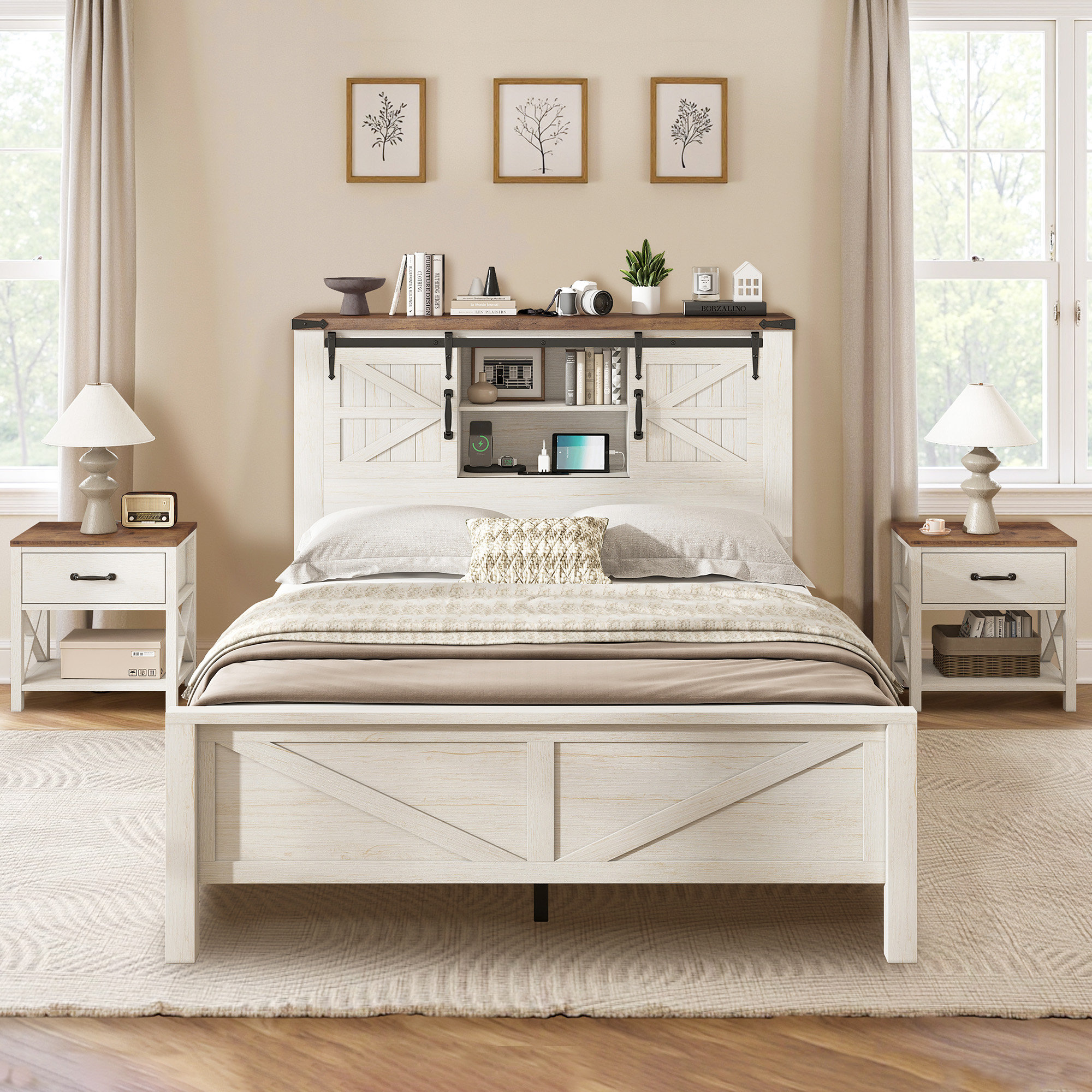 Gracie Oaks Oceant Sherell Farmhouse Bed Frame Storage Bookcase ...
