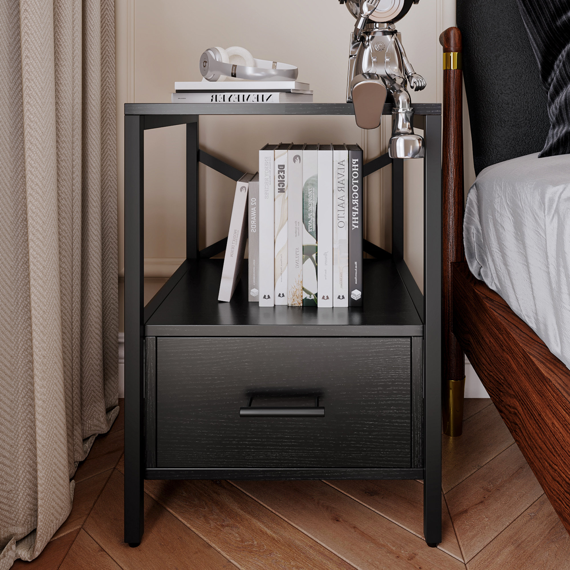 Ebern Designs Black End Tables With Drawer, Black Side Tables Living ...