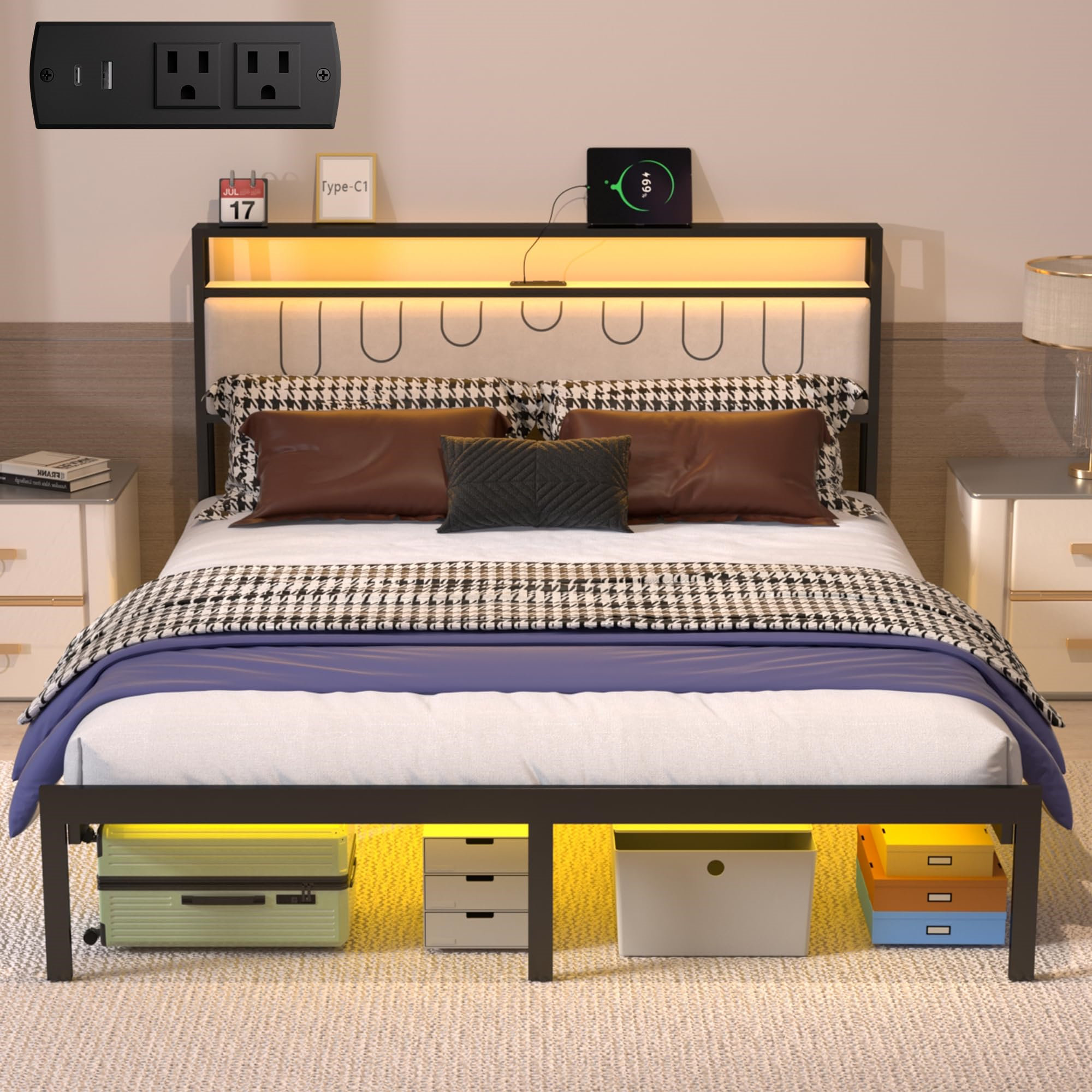 Wrought Studio™ Full Bed Frames With Charging Station And LED Lights ...