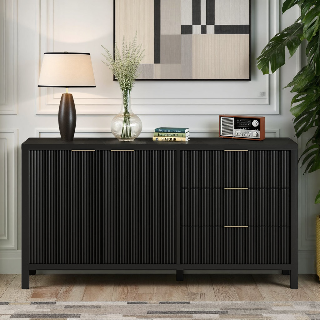 Ebern Designs Acacia Wood Sideboard Buffet Table with Wave-Pattern ...