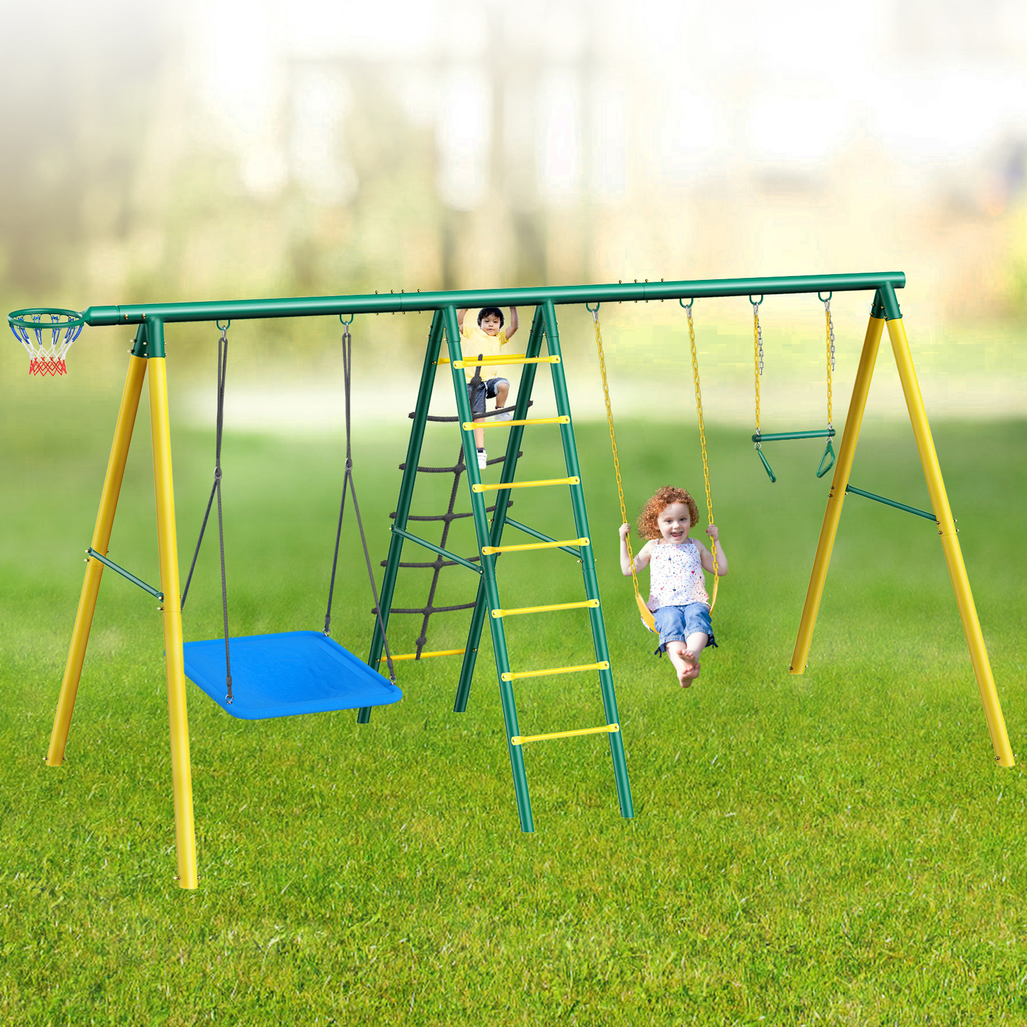 ANGGREK 6-in-1 Heavy Duty Metal Swing Sets For Backyard - Wayfair Canada