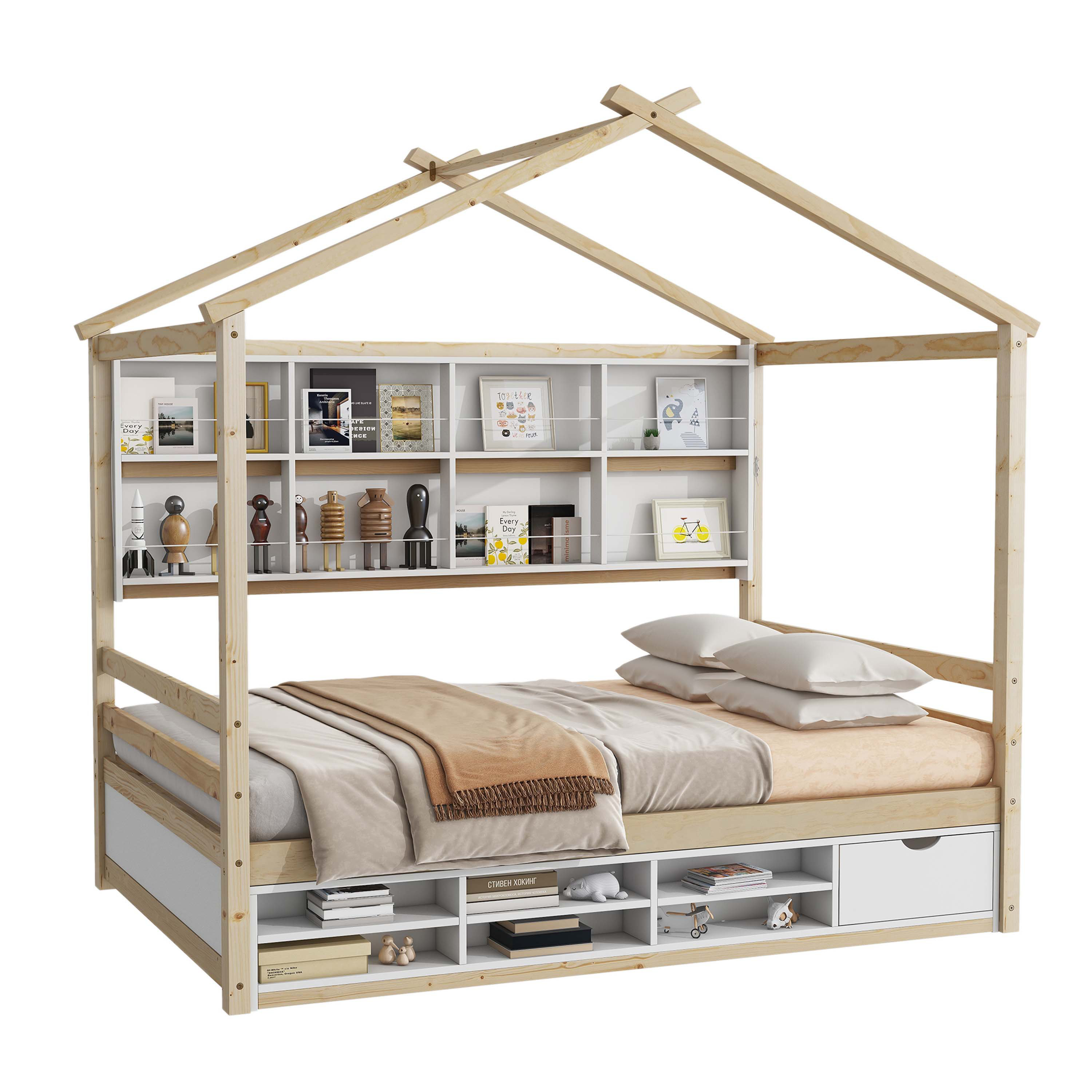 Beyong House Bed with Roof Frame, Bedside-shelves, Under Bed Storage ...