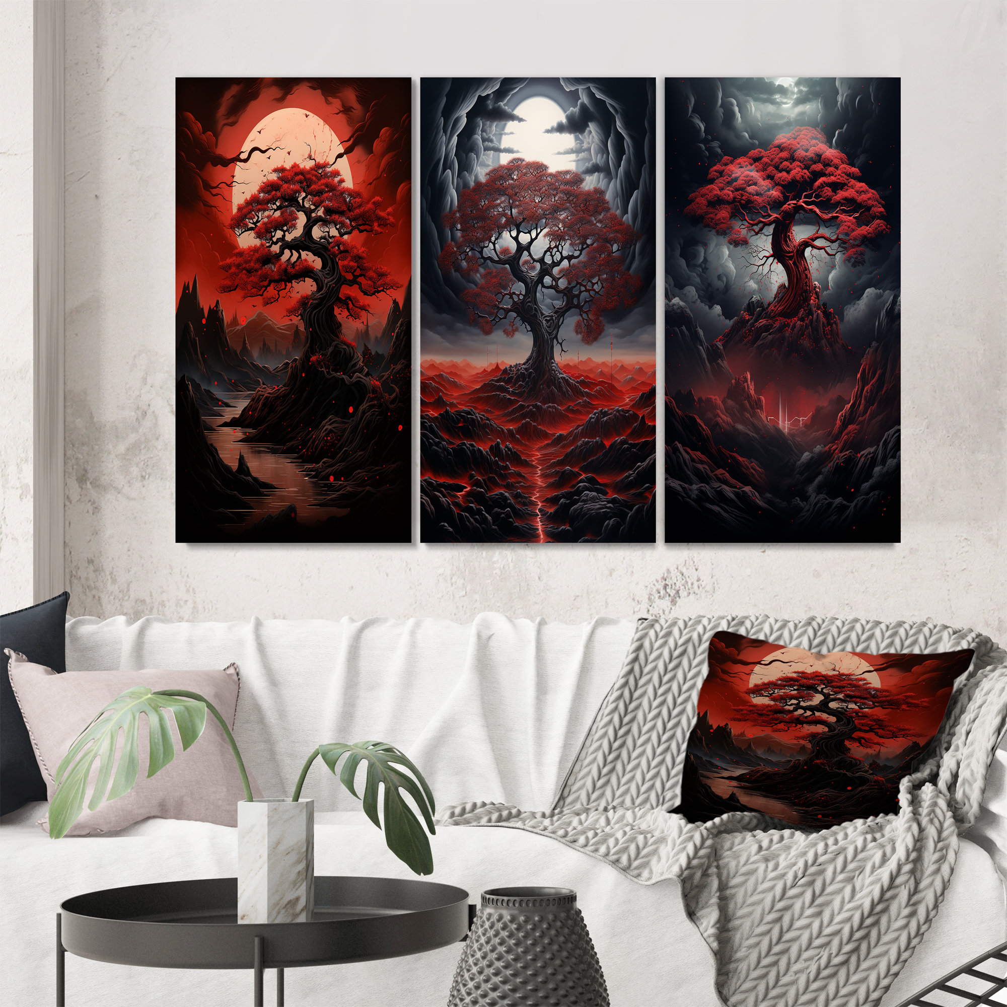 Red Barrel Studio® Occult Red Tree Full Moon Mountain Magic - 3 Piece ...