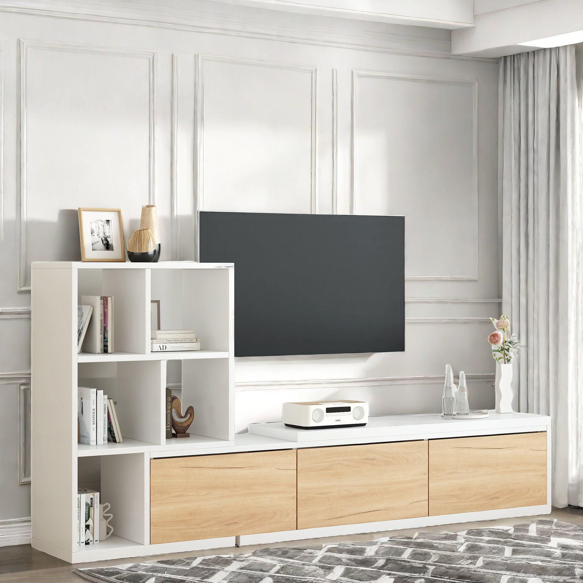 Ebern Designs Extendable Tv Stand With 3 Tier Bookshelves And Storage ...