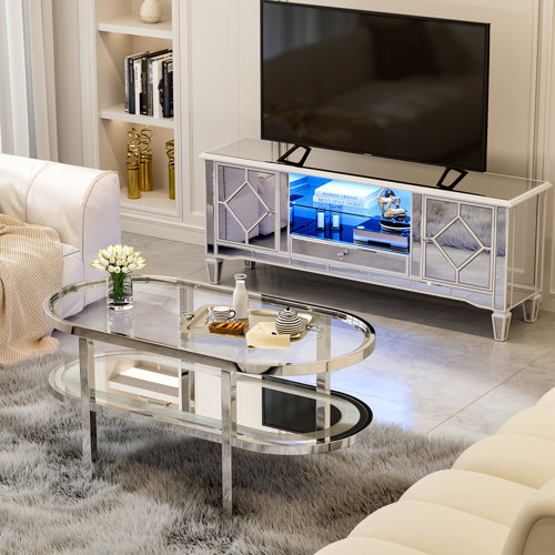 Mercer41 Merrissa Mirrored Glass Coffee Table with 2 Tier Glass ...