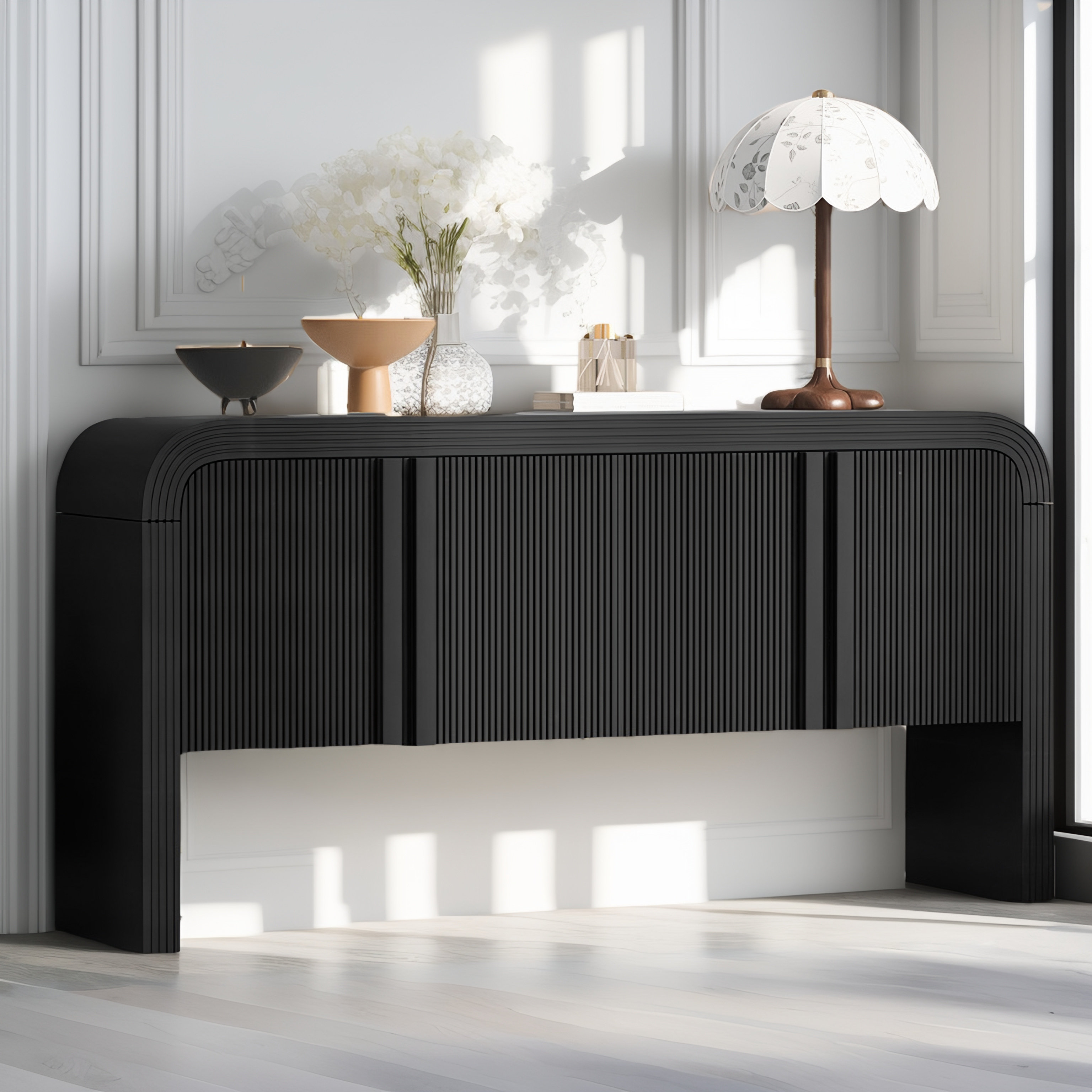 Brayden Studio® Denequa 63" Curved Sofa Entry Table with Two Cabinets ...