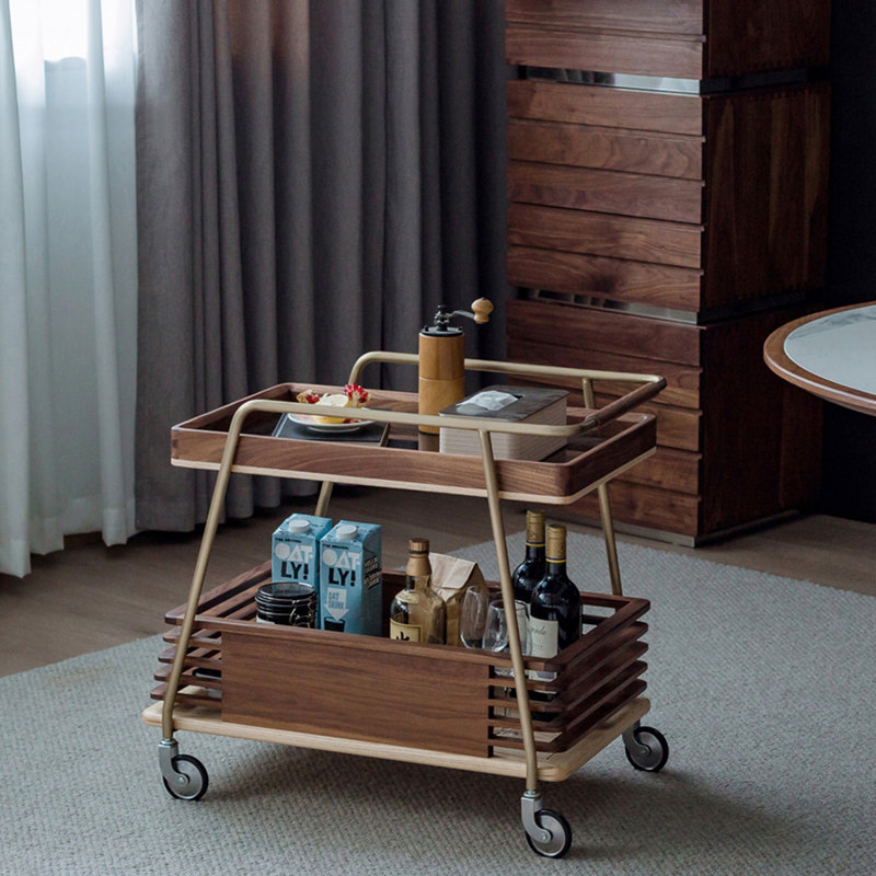 Everly Quinn 24.8" Walnut Standard Solid Wood Bar Carts | Wayfair