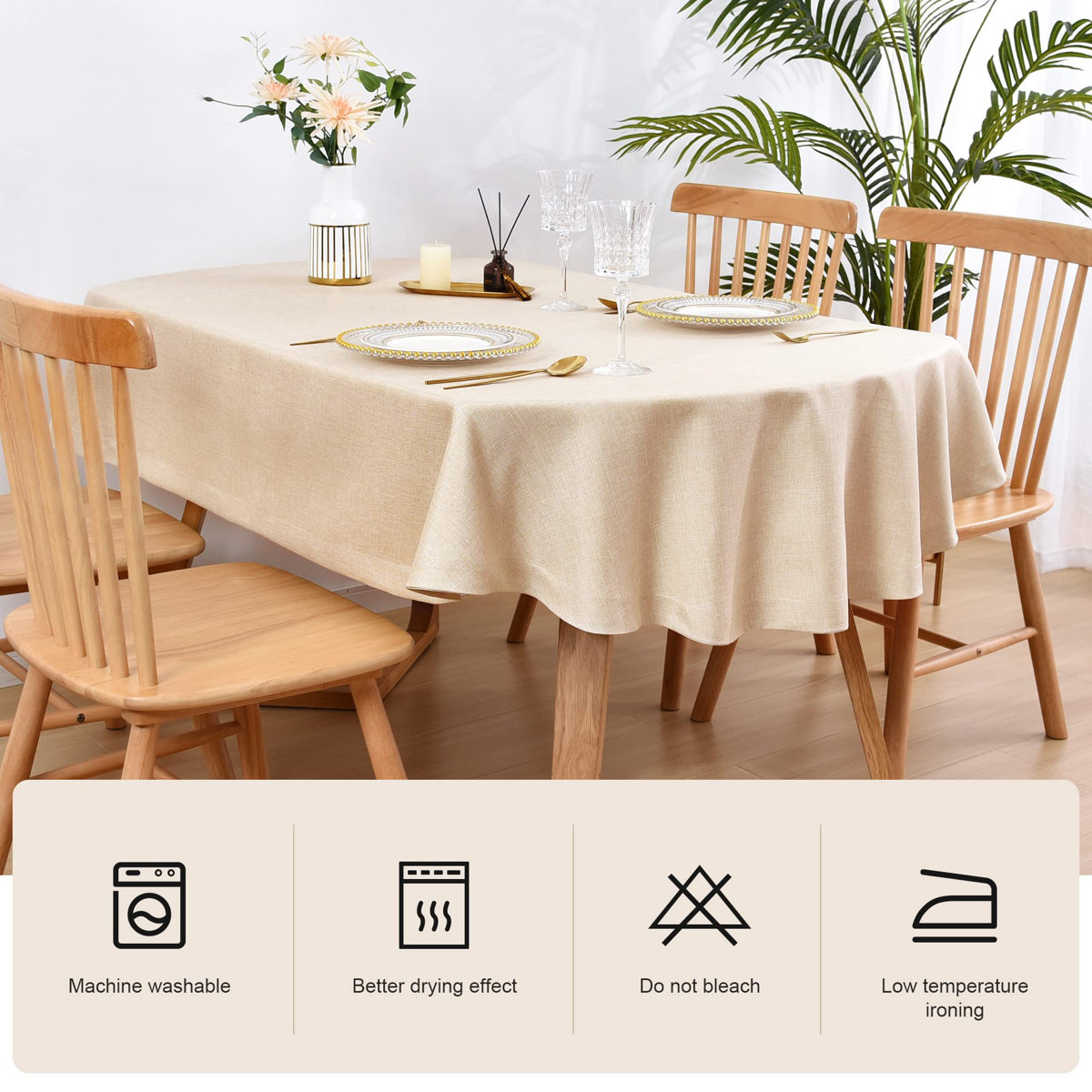 Ebern Designs Oval Hemstitch Border Tablecloth Neutral Faux Linen Table ...