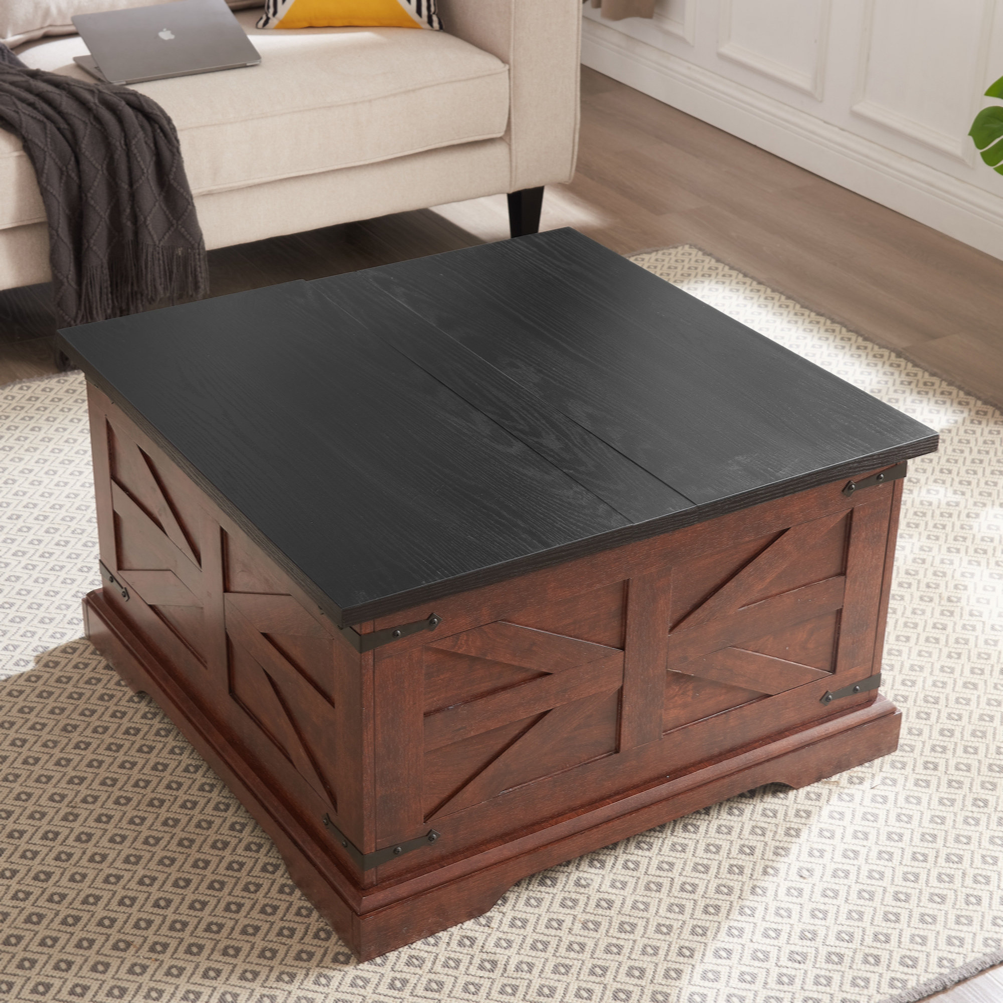 August Grove Farmhouse Coffee Table With Storage, Large Square Coffee ...