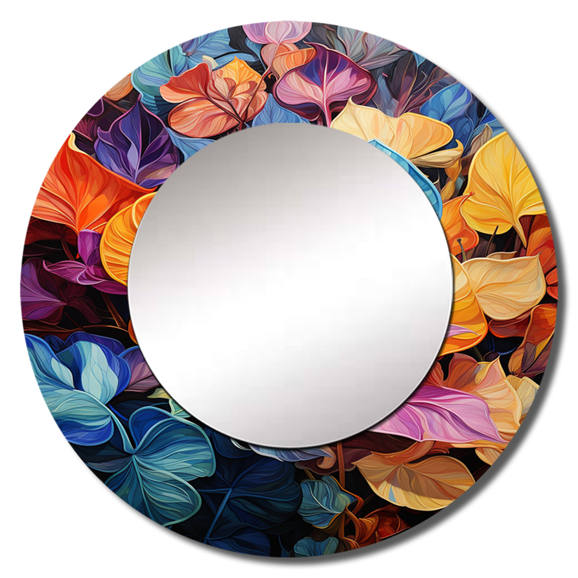 Design Art Colorful Luminous Leaves - Leaves Round Mirror Wall Decor ...
