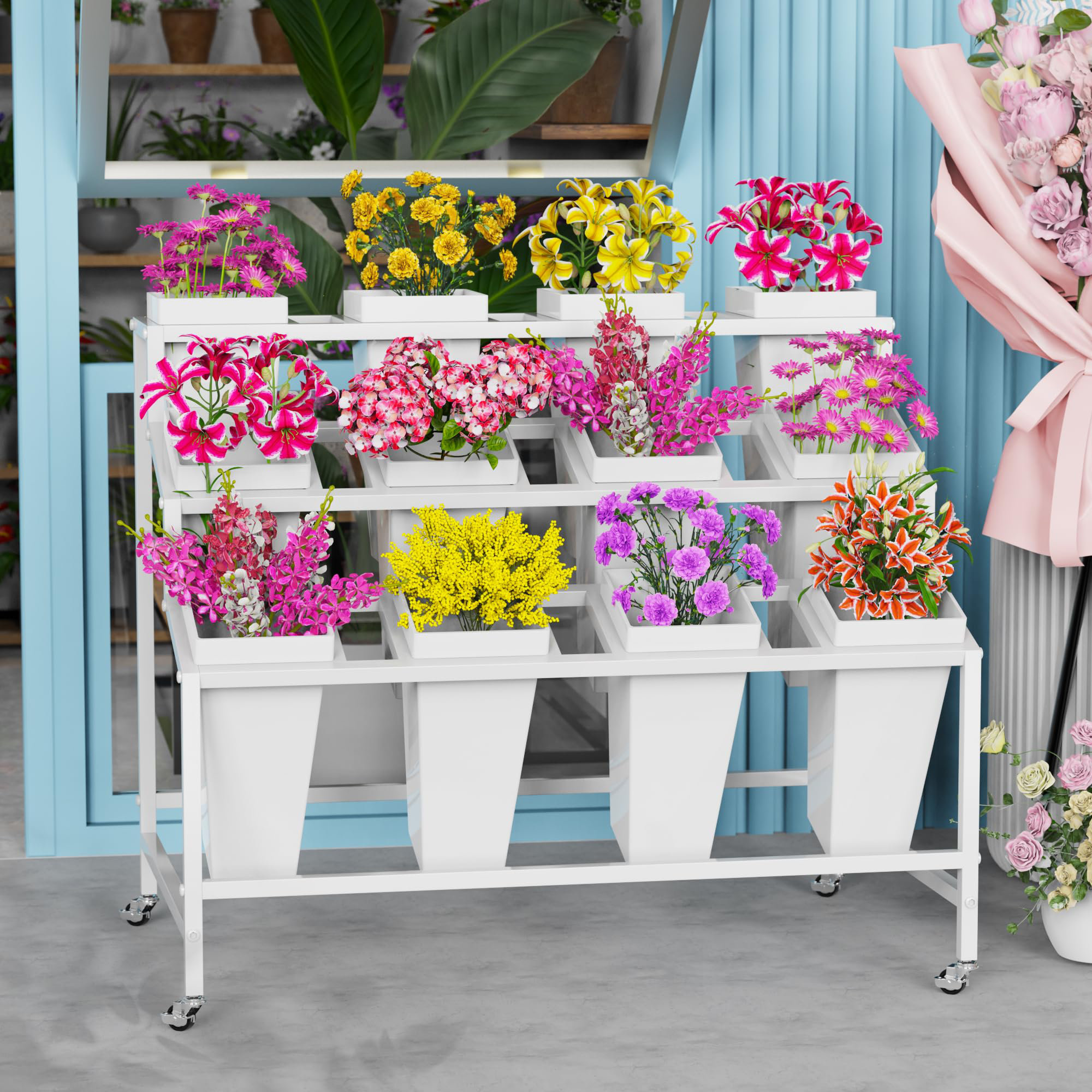 Latitude Run® 3 Layers White Flower Cart With 12 Buckets - Wayfair Canada